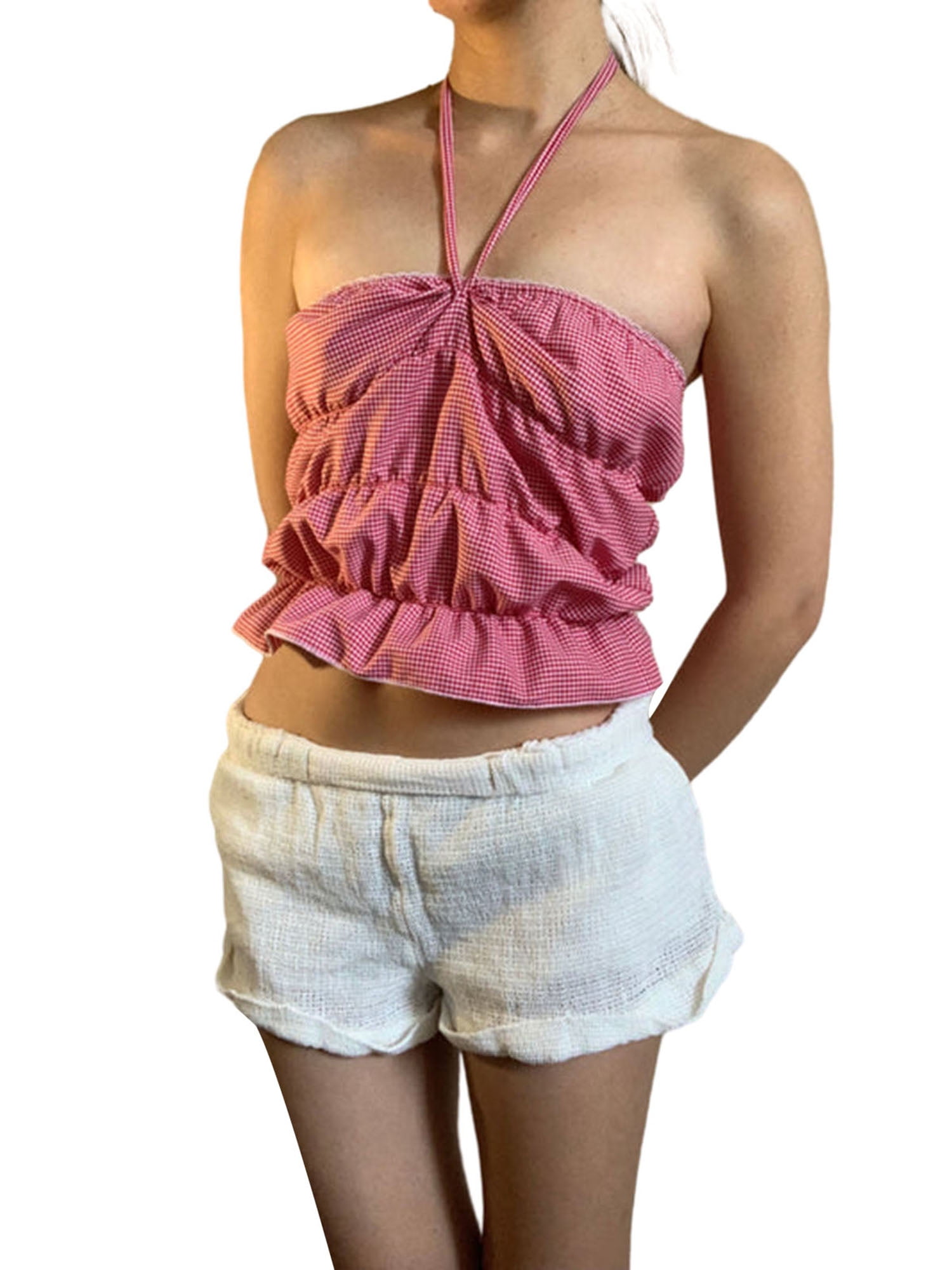 Amshibel Women Y2k Tube Top Strapless Backless Tie Up Pleated Plaid