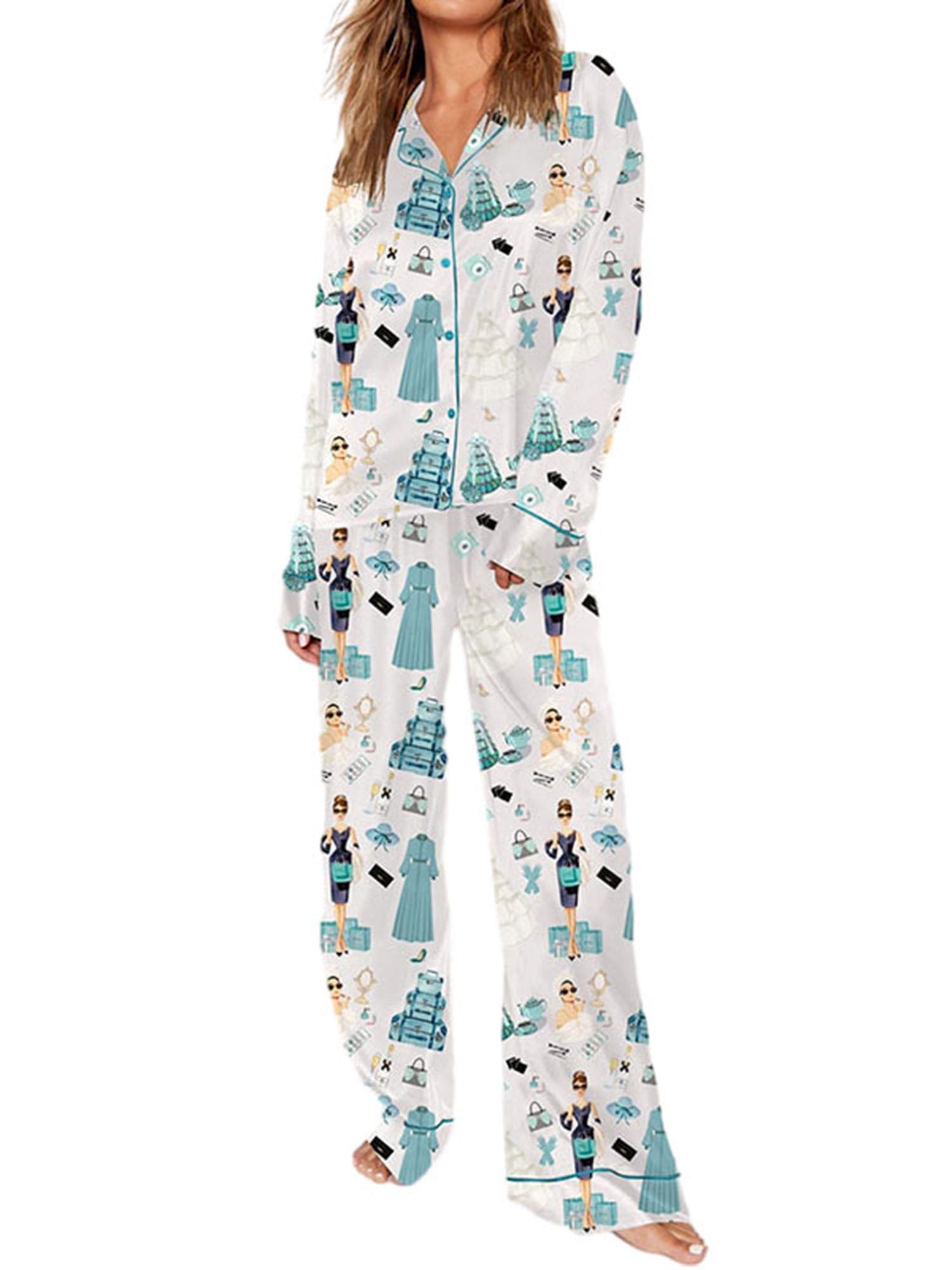 AmShibel Women's 2 Pieces Silk Satin Pajamas Set, Cartoon Print Long ...