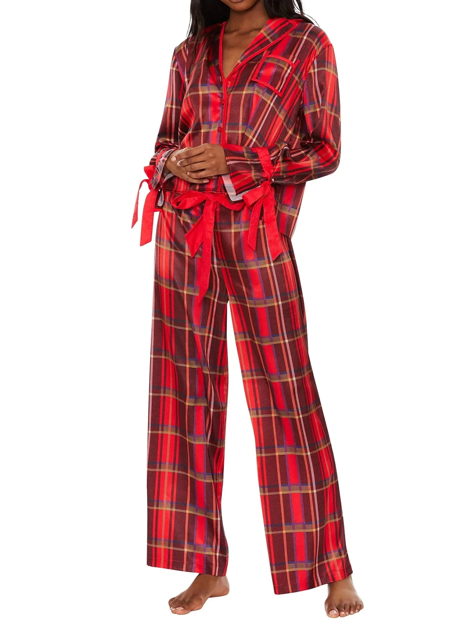 AmShibel Women's Plaid Pajama Set, Long Sleeve Lapel Neck Button Down ...