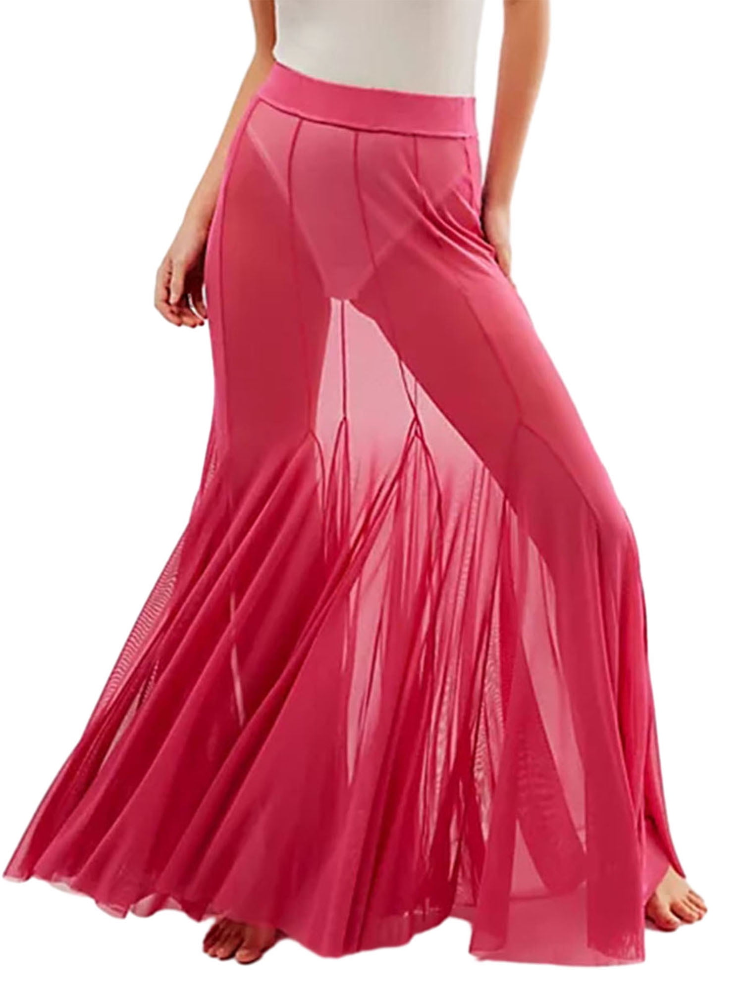 AmShibel Women's Sheer Mesh A-line Midi Skirts Elastic High Waist Ruffle Hem Flowy Skirts Beach ...