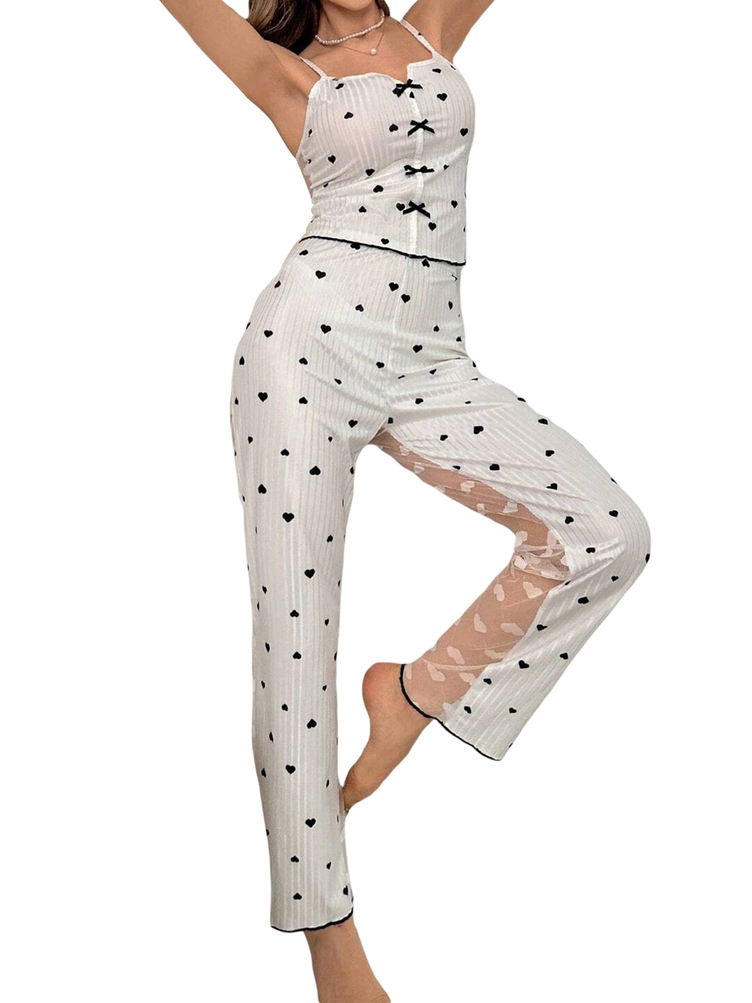 AmShibel Women's Summer Mesh Sheer Loungewear Set Cherry Heart Print ...