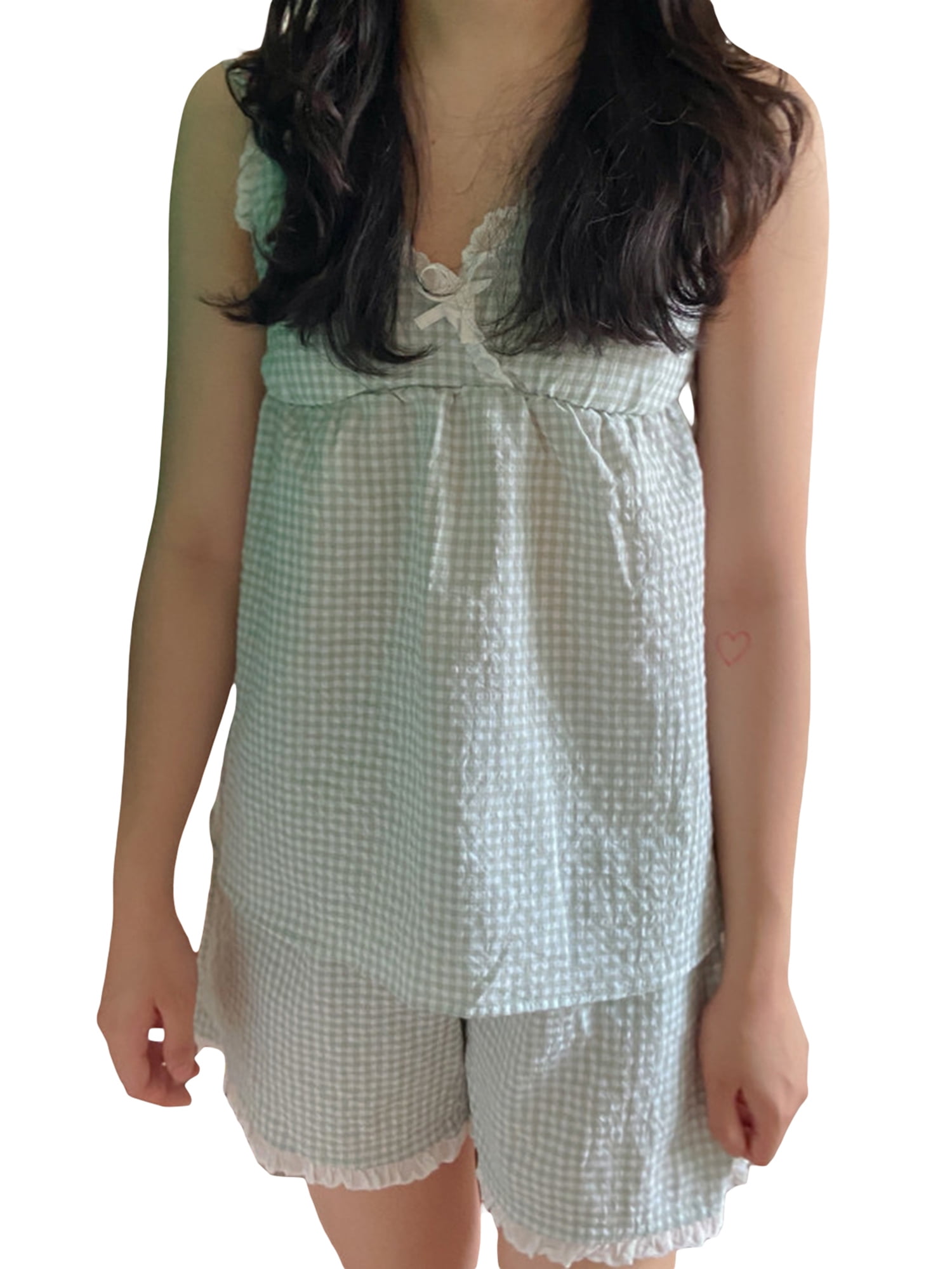 AmShibel Womens 2 Piece Plaid Pajama Set Lace Trim V-neck Backless ...