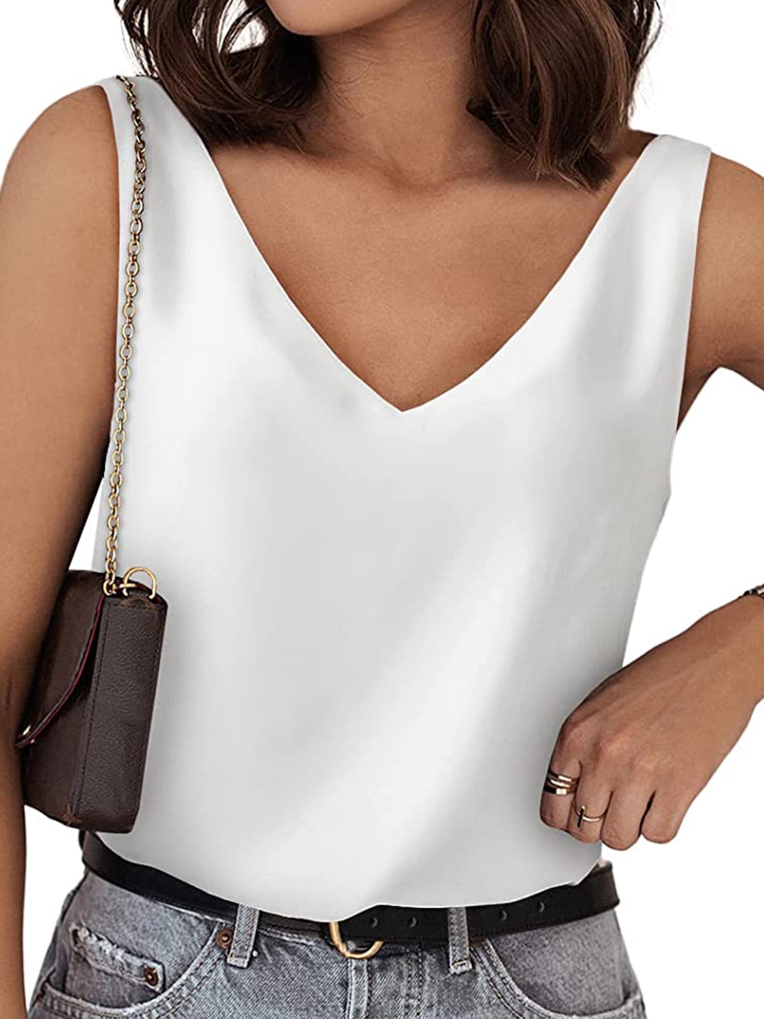 AmShibel Womens Silk Satin Tank Tops V Neck Camisole Cami Spaghetti Strap Top Summer Basic ...