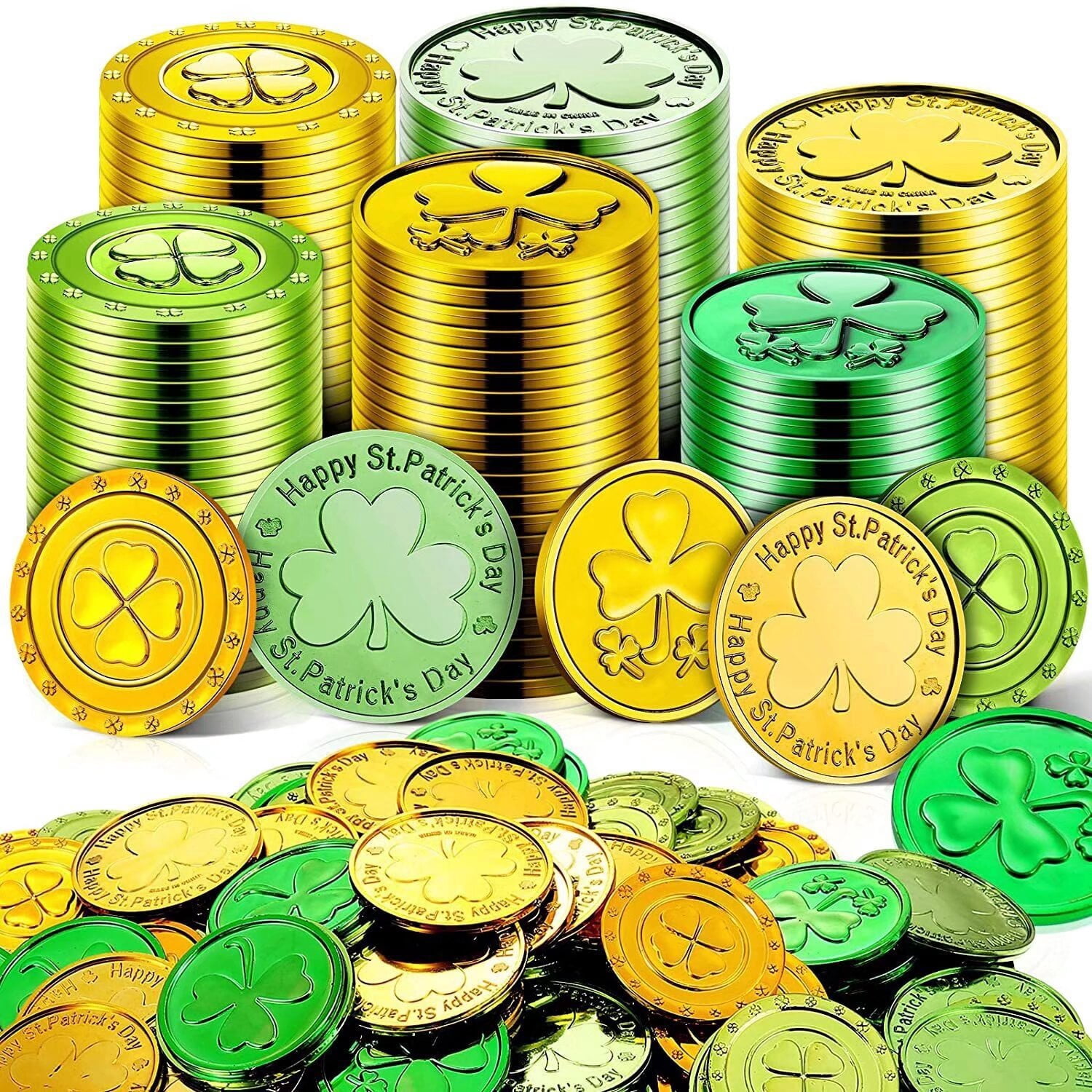 AmaMary 100 Pcs St. Patrick's Day 4 Leaf Clover Coins, Plastic Green ...