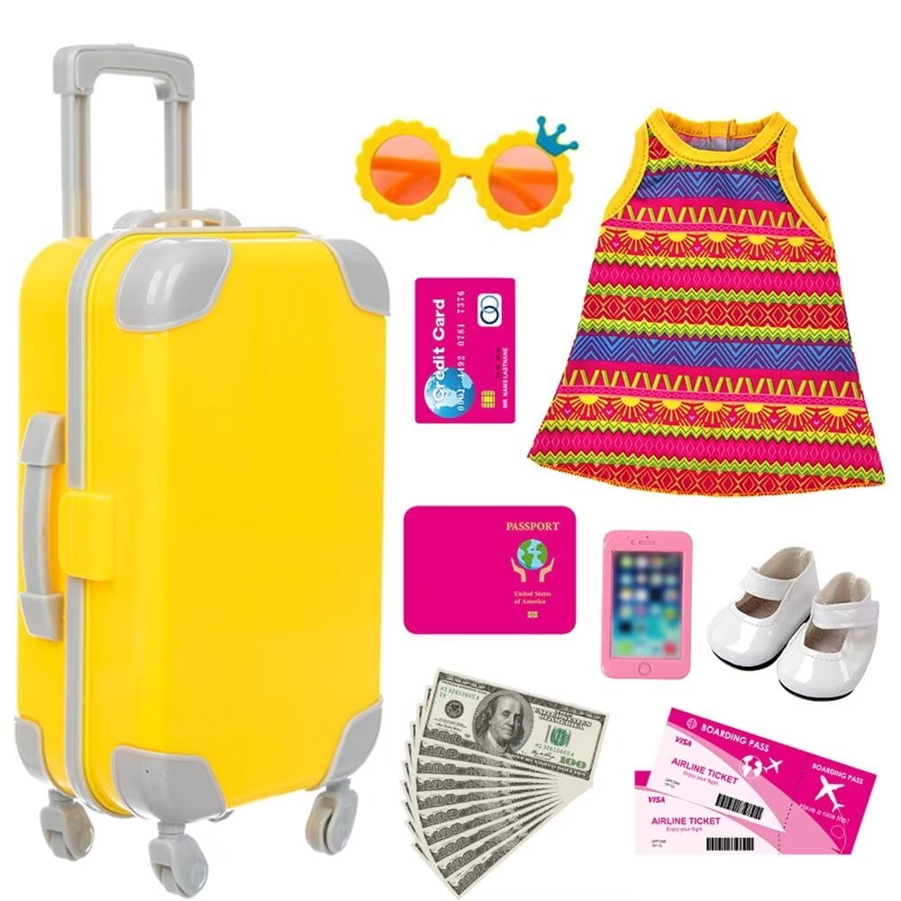 AmaMary 18 Inch Doll Clothes Suitcase Set – Yellow Luggage with Red ...