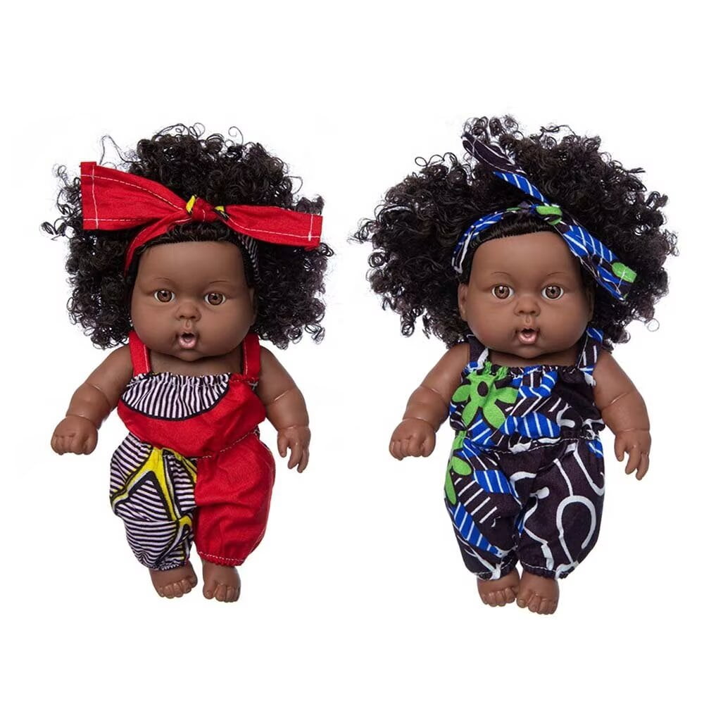 AmaMary 2Pcs 8" Black Baby Doll African Washable Realistic Curly ...