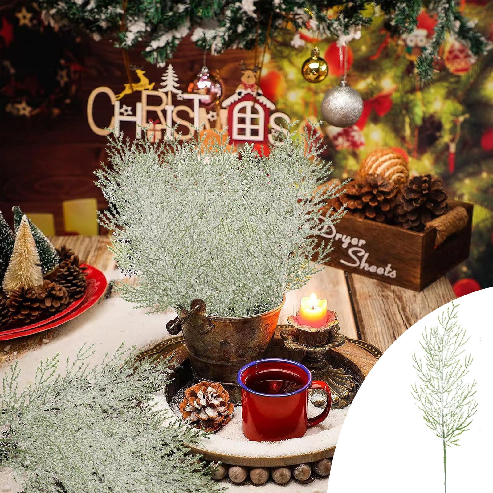 Amacok 30Pcs Artificial Cedar Pine Branches Sprigs 13.8" Snowy Faux ...