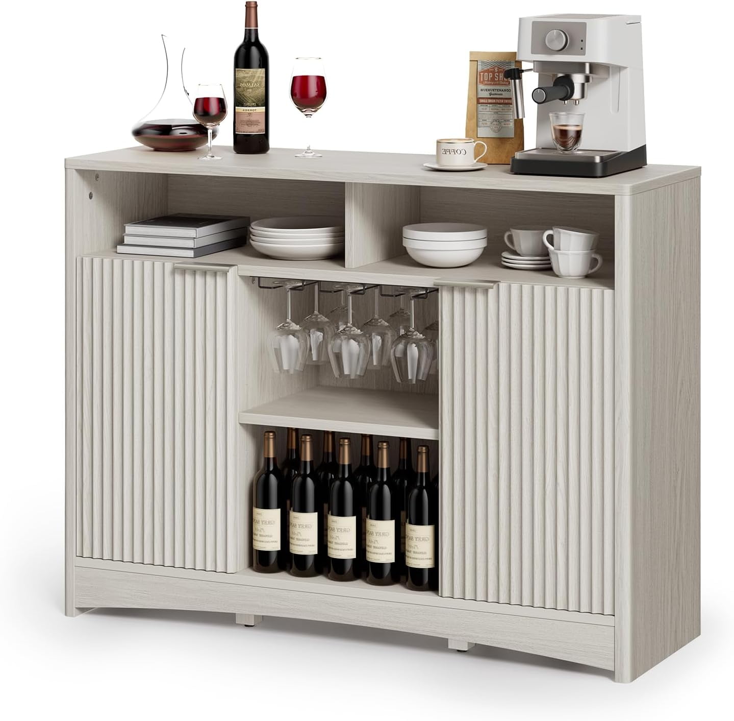 Amada 47.2" Wine Bar Cabinet for Liquor and Glasses, Modern Fluted Wood ...