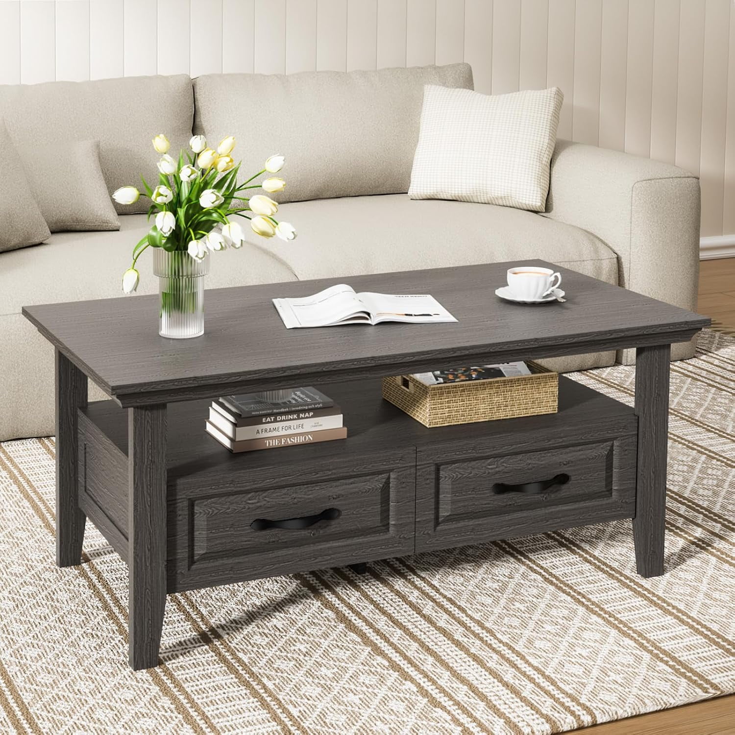 Amada Coffee Table with Drawers– 39.4" Farmhouse Wood Coffee Table for ...