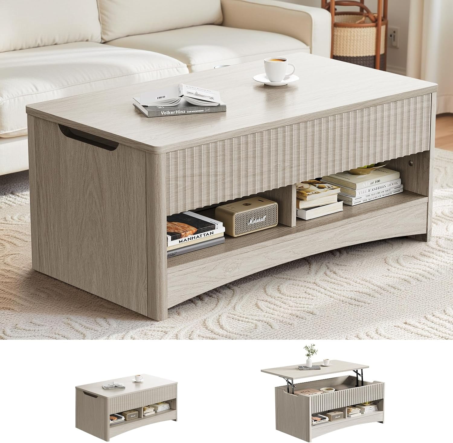 Amada Coffee Table Fluted Lift Top, 35.2" Wood Table with Storage Shelf ...