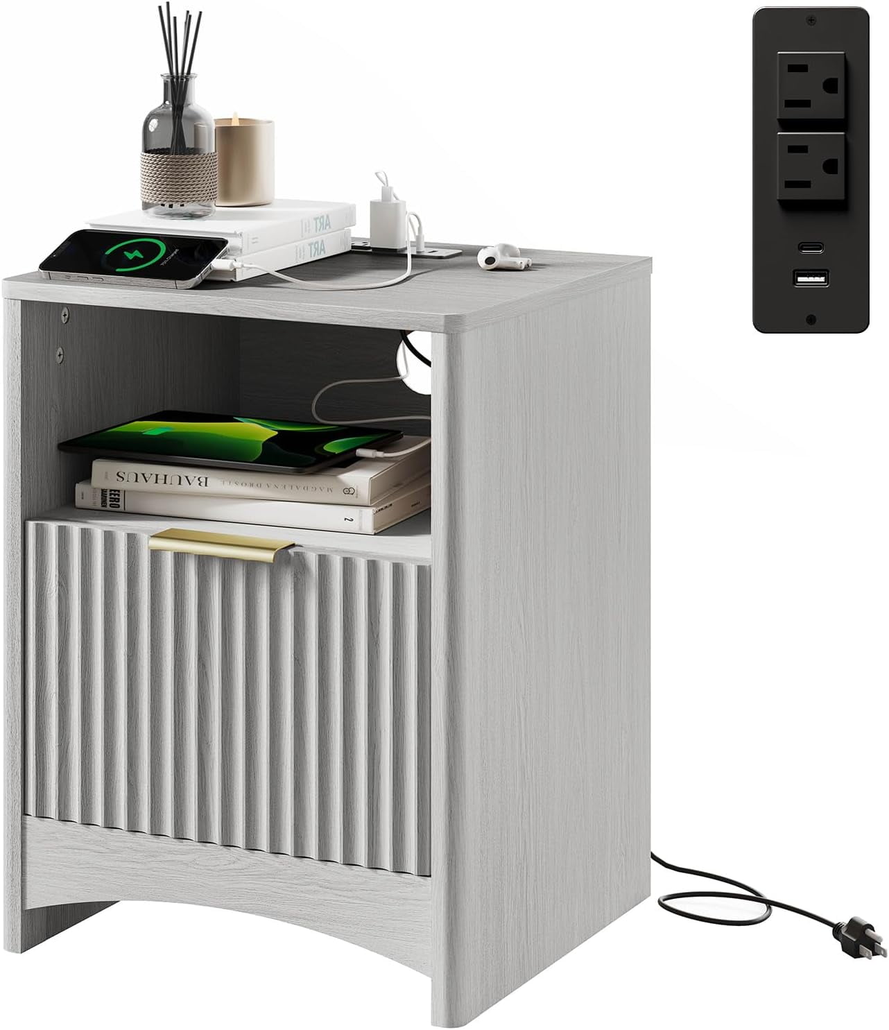 Amada Fluted Nightstand with Charging Station, Bedside Table with USB ...