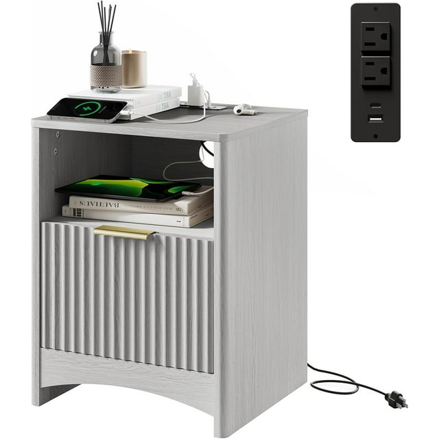 Amada Fluted Nightstand with Charging Station, Bedside Table with USB ...