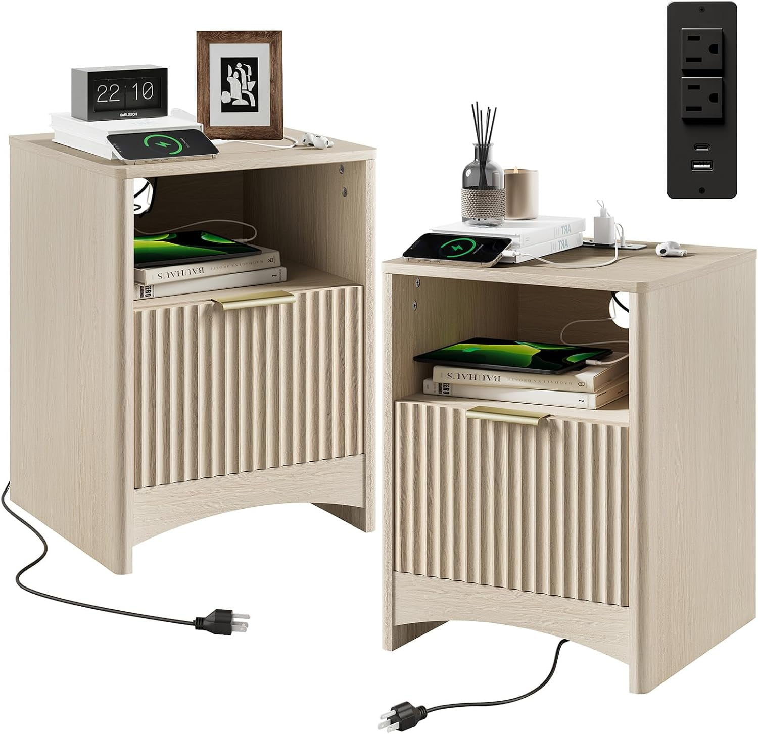 Amada Fluted Nightstand with Charging Station, Bedside Table with USB ...