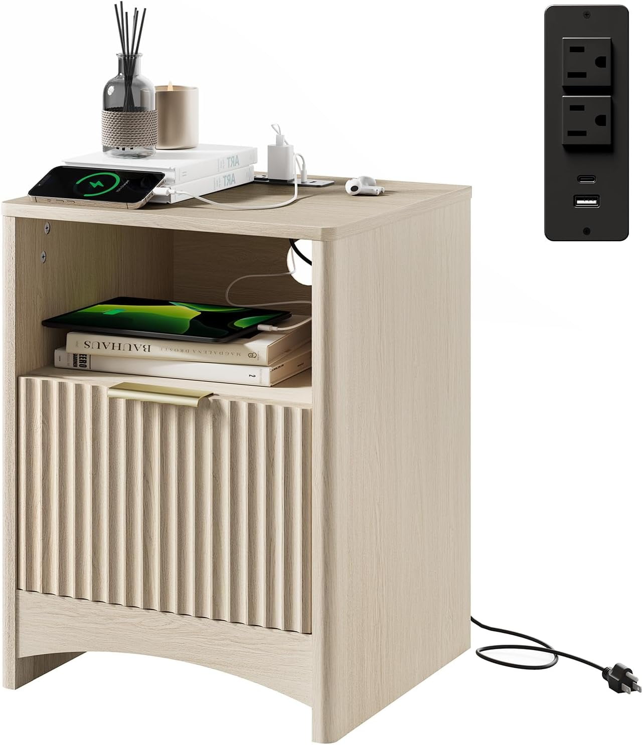 Amada Fluted Nightstand with Charging Station, Bedside Table with USB ...