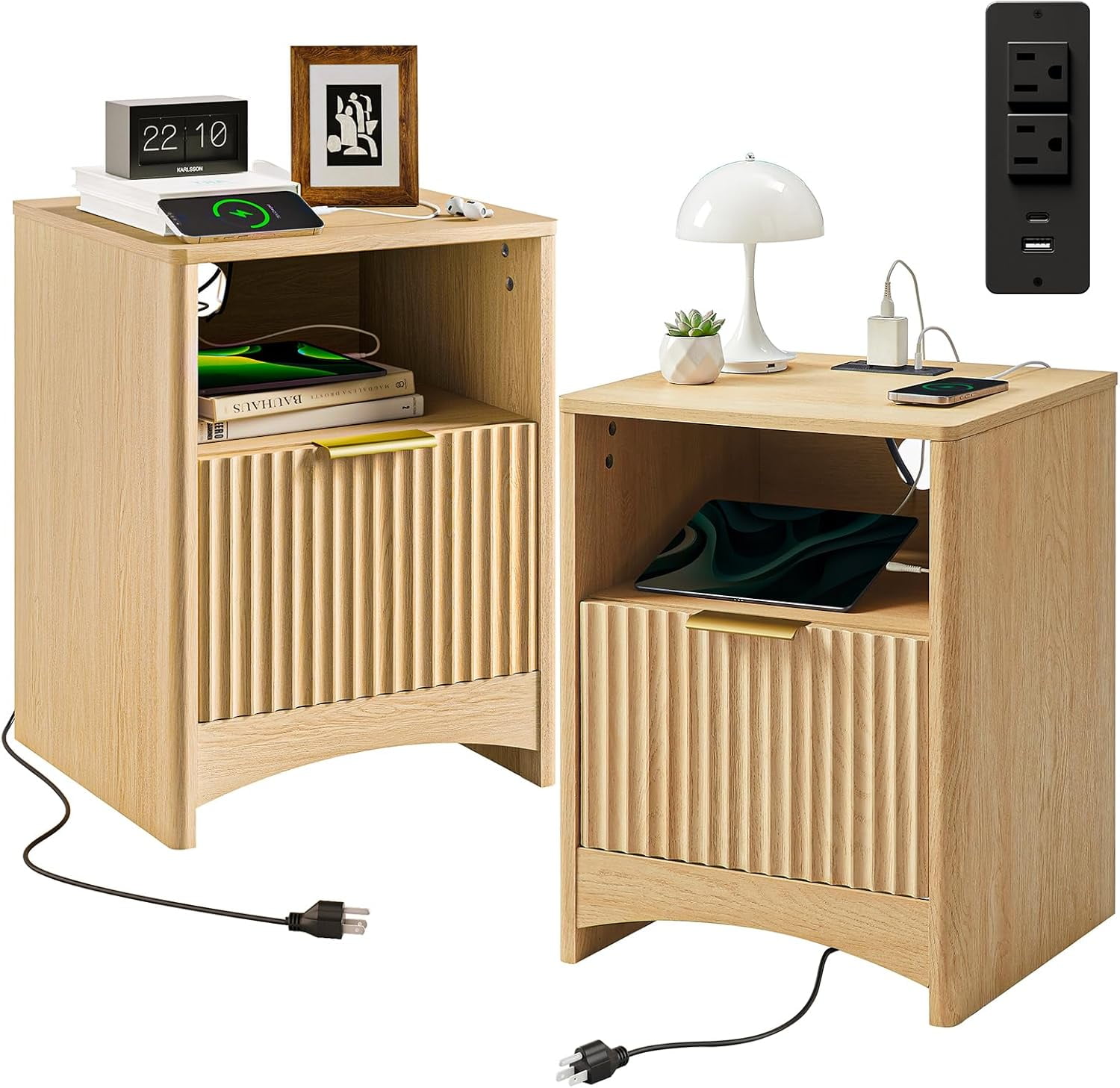 Amada Fluted Nightstand with Charging Station, Bedside Table with USB ...