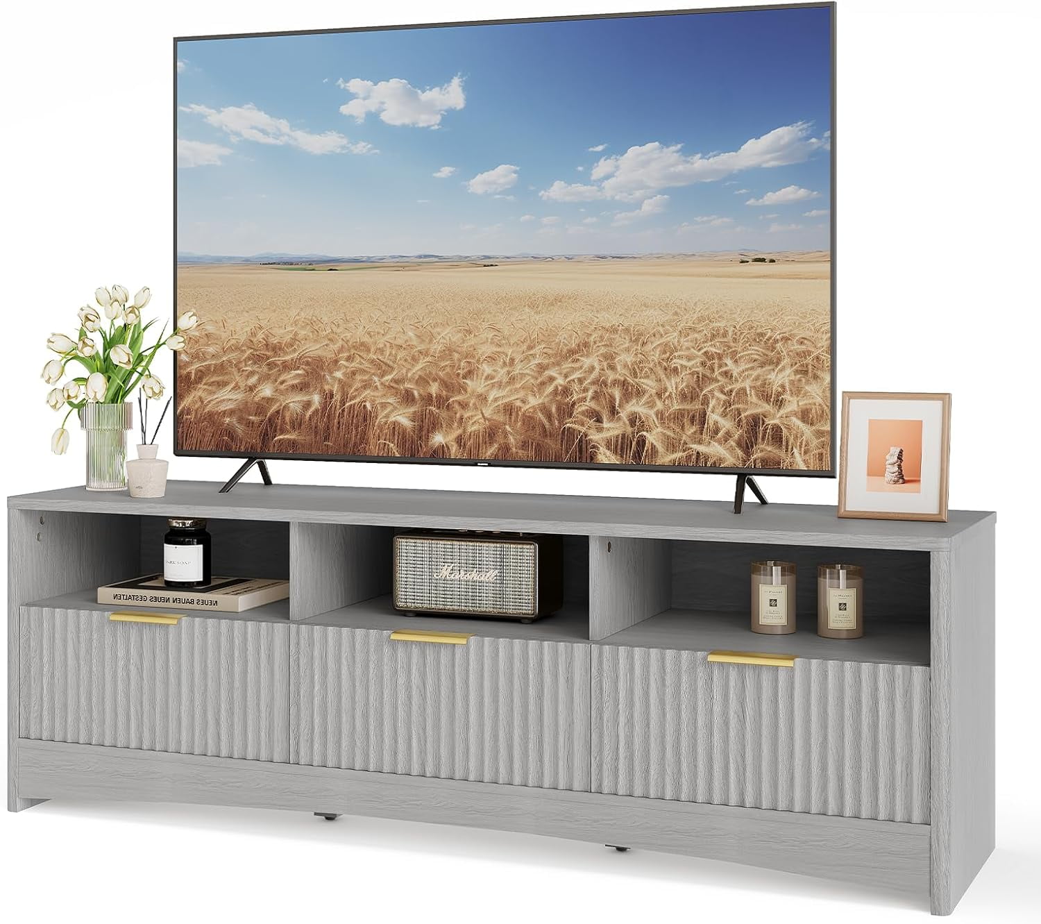 Amada TV Stand for 50-65" TV, Fluted Modern TV Stand Entertainment ...