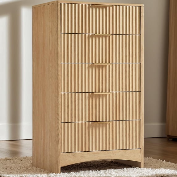 Tall 5 Drawer Dresser, Modern Fluted Vertical Chest with Rounded ...
