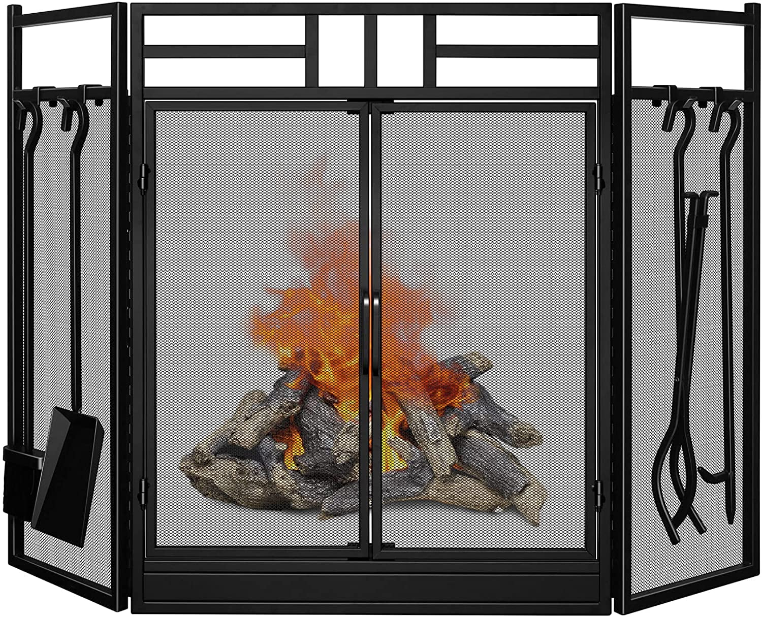 Amagabeli 48x31in Fireplace Screen with Wrought Iron Panels, Extra Fire ...