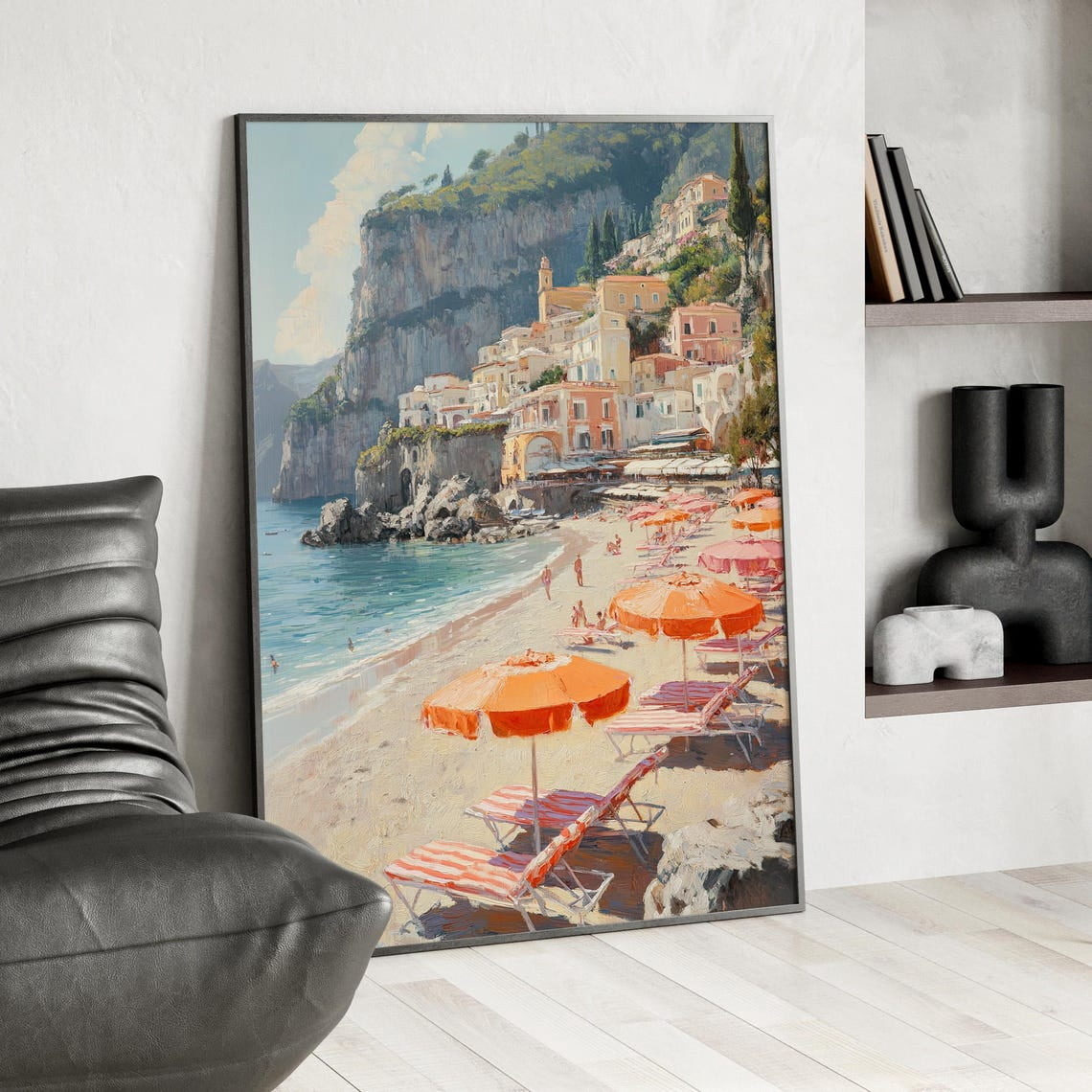 Amalfi Coast Beach Vintage Sunlit Seaside Pink Orange Umbrellas Cliffs ...