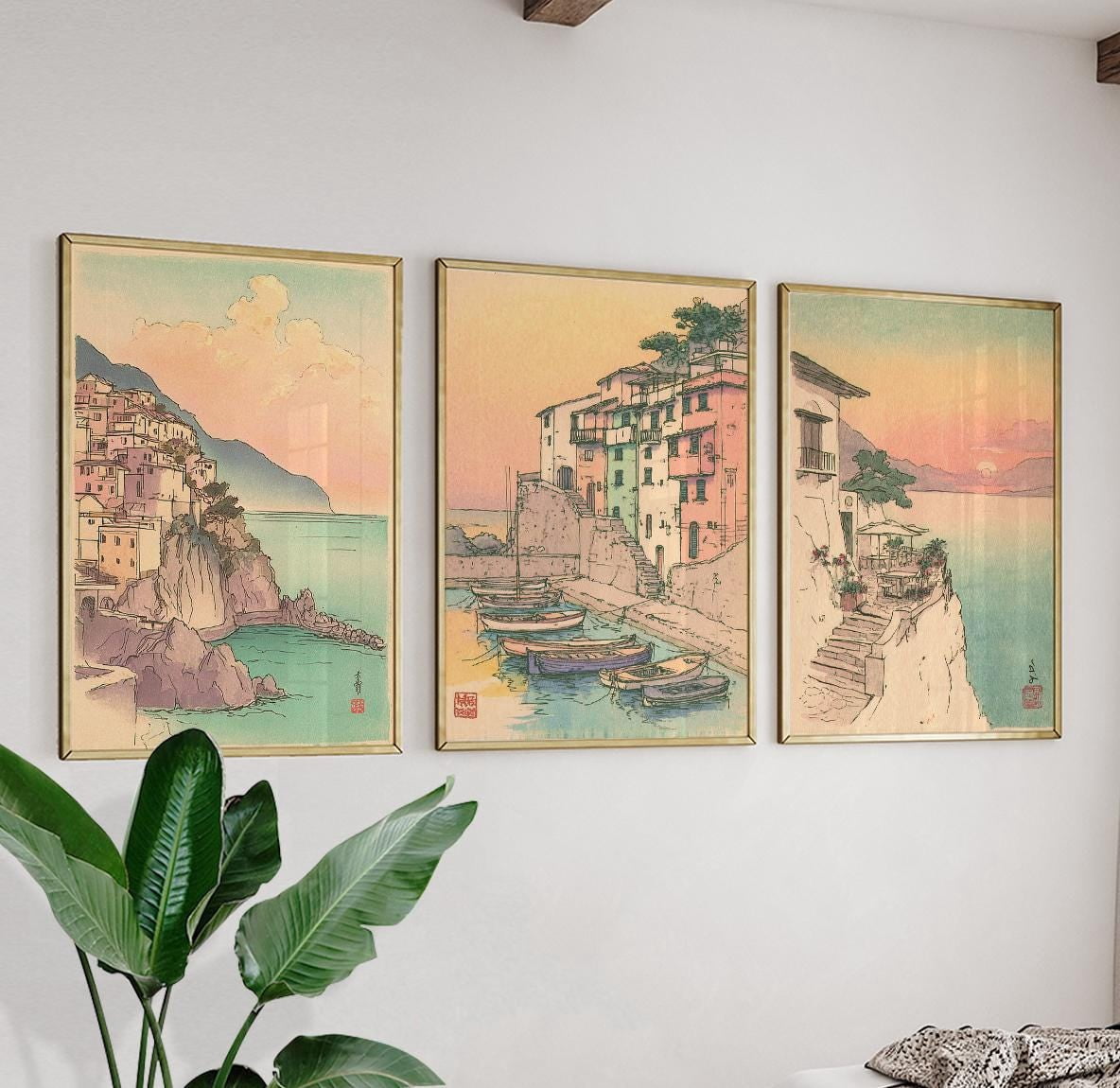 Amalfi Coast Italy Poster Coastal Beach Wall Art Vintage Japanese Style ...