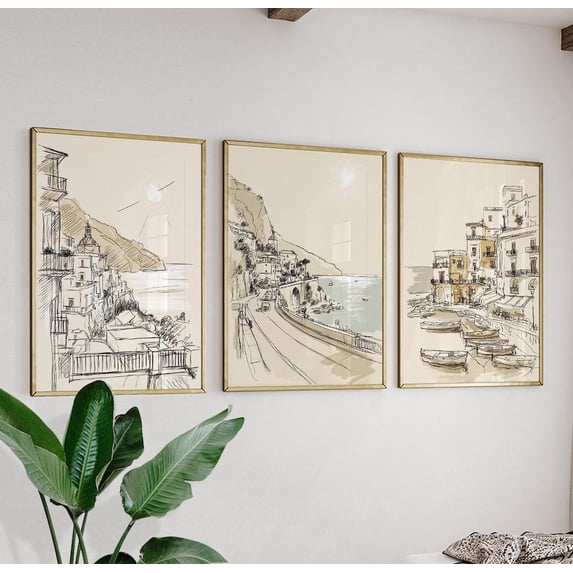 Amalfi Coast Italy Set Of Coastal Beach Wall Art Minimal Line Drawing ...