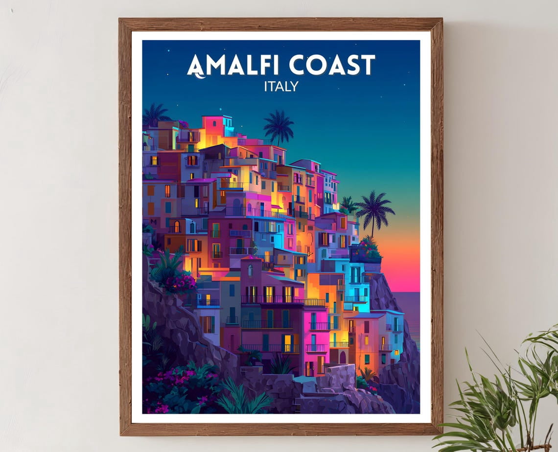 Amalfi Coast Italy Vibrant Travel Retro Futuristic Colorful Coastal ...