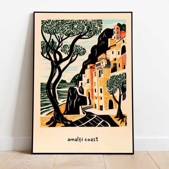 Amalfi Coast Linocut Poster Italian Travel Poster Mid Century Modern ...