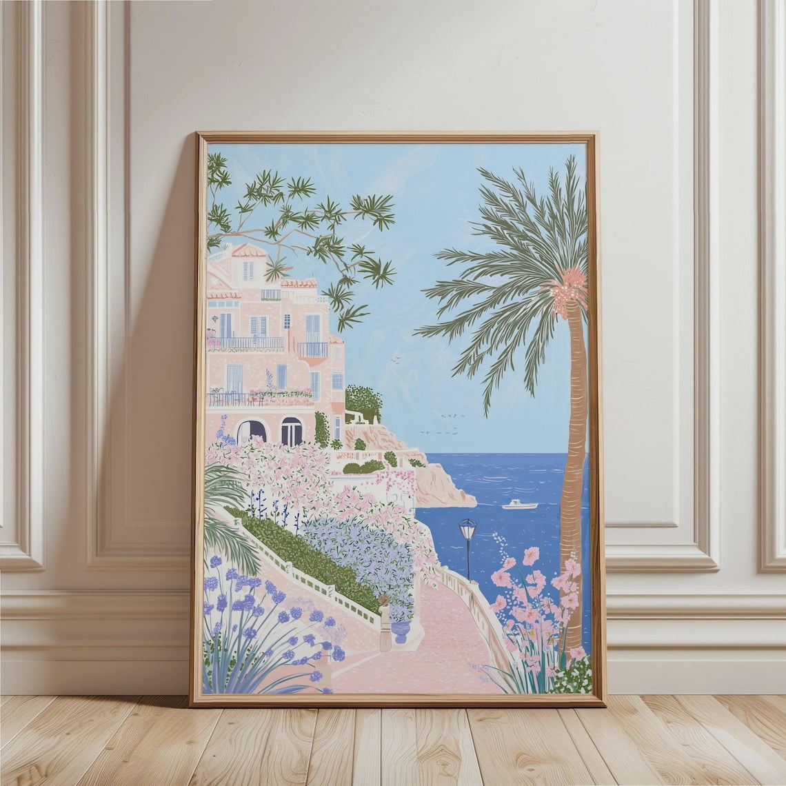 Amalfi Coast Palm Print, Pink Villa Italian Riviera Wall Art, Unframed ...