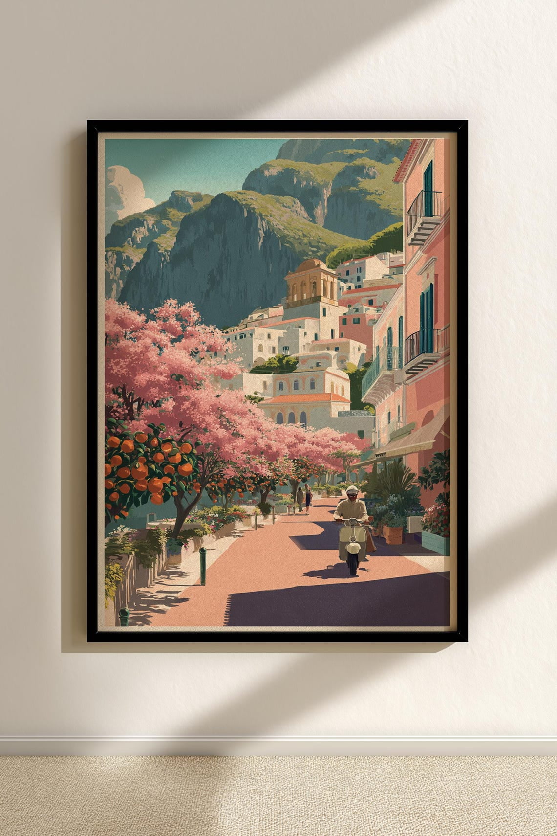 Amalfi Coast Vespa Print, Italian Cherry Blossom Street Scene Home ...