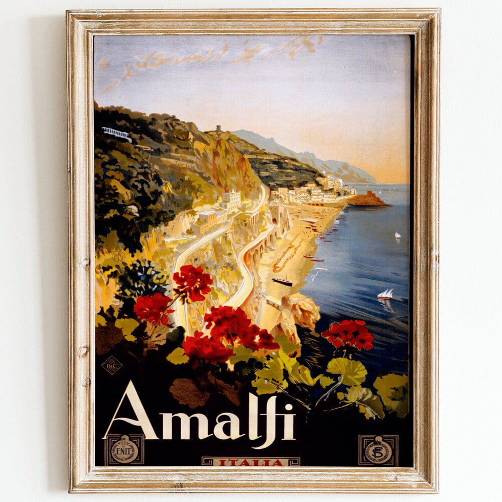 Amalfi Coast Vintage Travel Poster Italy Retro Wall Art Coastal ...