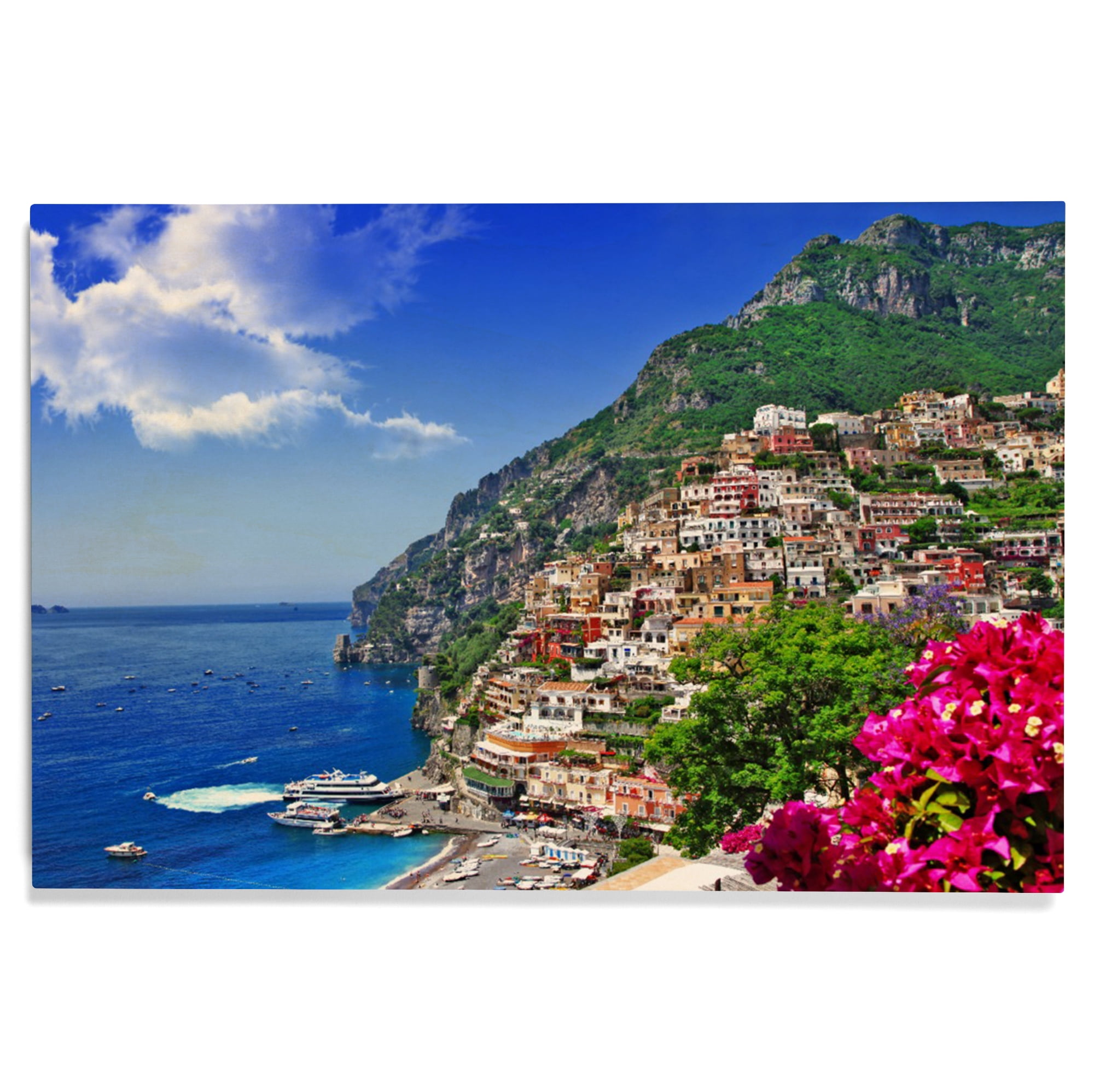 Amalfi Coast of Italy, Positano, Pink Flowers and Coastline Buildings ...