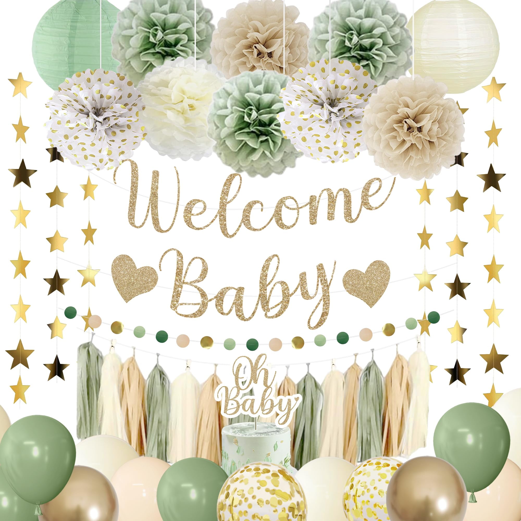 Amandir Shower Decorations Sage Green Balloons Welcome Banner, Cake ...