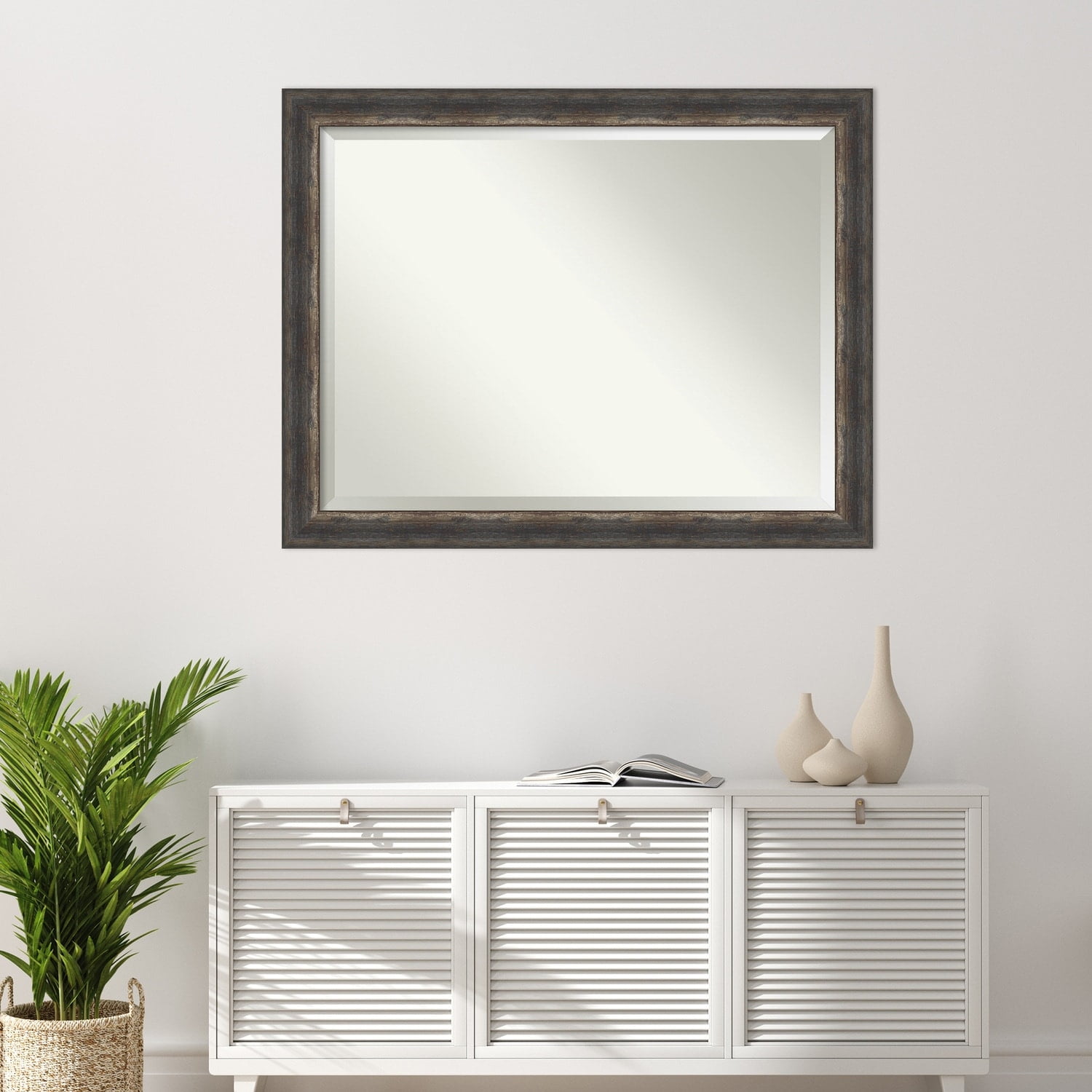 Amanti Art Beveled Bathroom Wall Mirror - Bark Rustic Char Frame Bark Rustic Char Outer Size: 45 ...