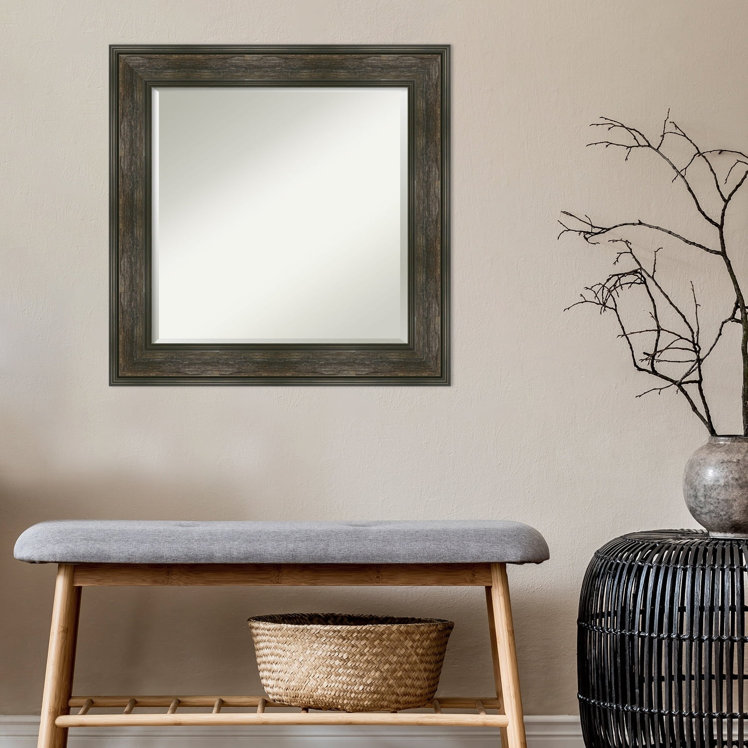 Amanti Art Beveled Bathroom Wall Mirror - Rail Rustic Char Frame - Rail ...