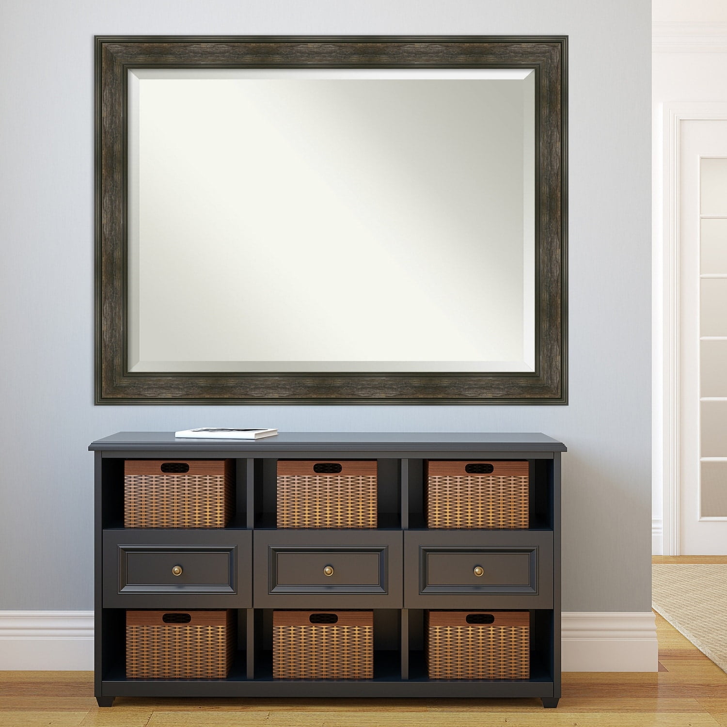 Amanti Art Beveled Bathroom Wall Mirror - Rail Rustic Char Frame - Rail ...