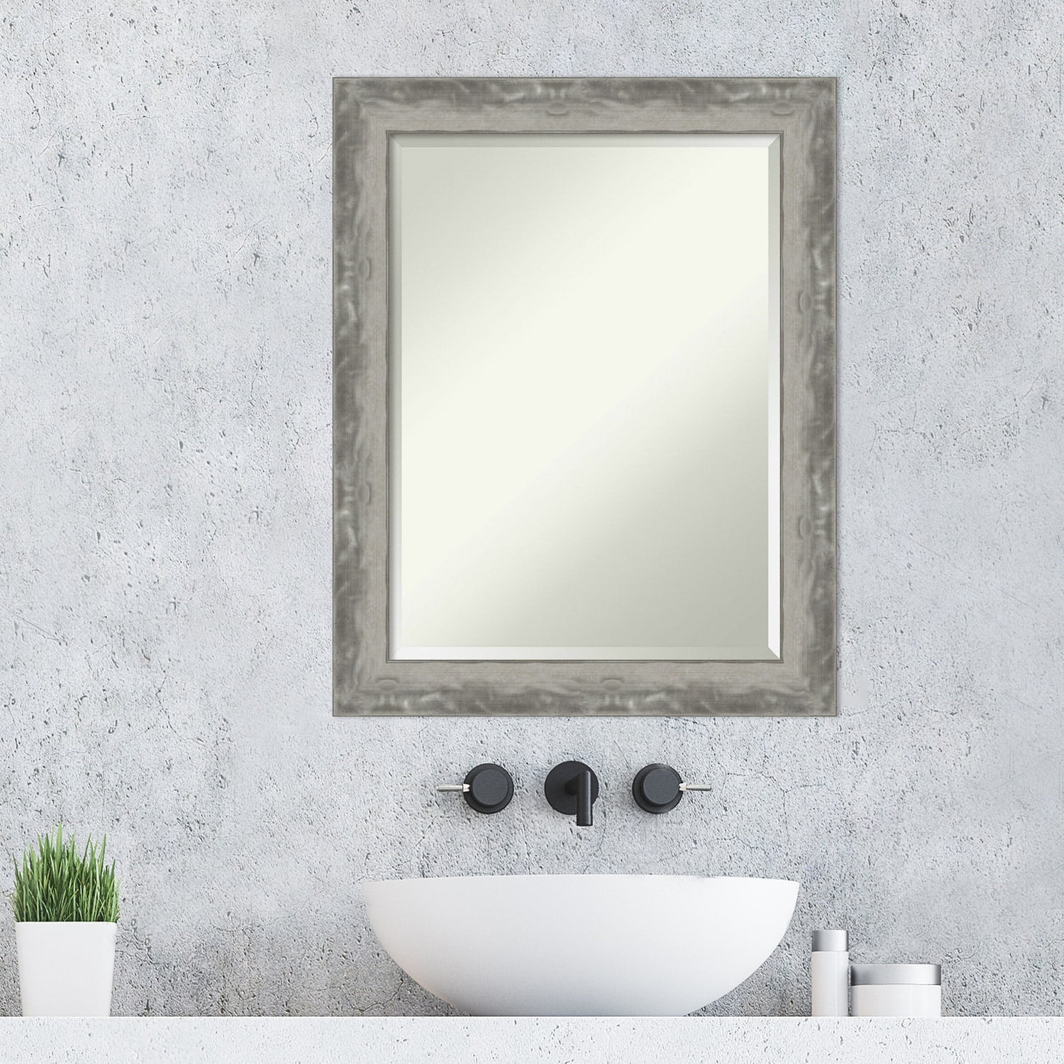 Amanti Art Beveled Bathroom Wall Mirror - Waveline Silver Narrow Frame ...