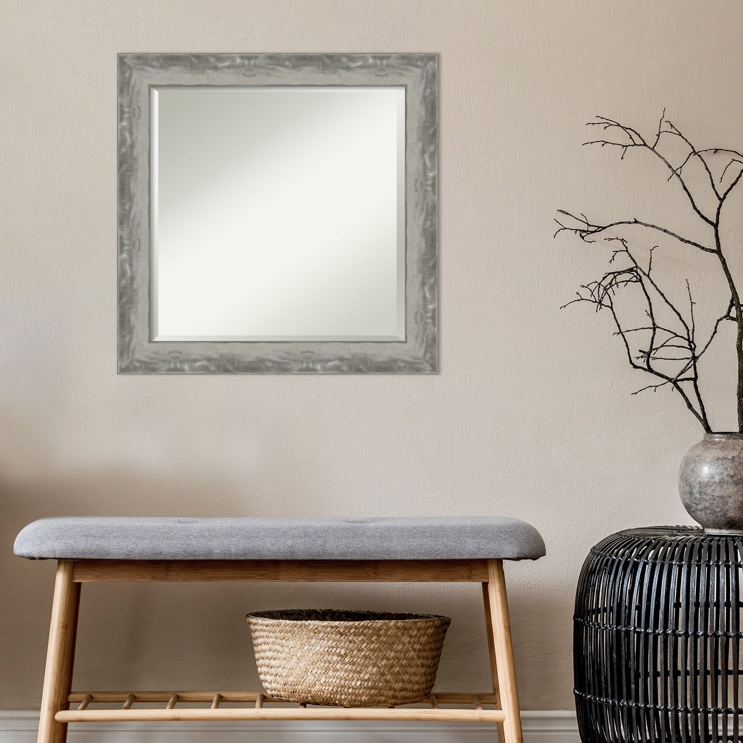 Amanti Art Beveled Bathroom Wall Mirror - Waveline Silver Narrow Frame ...