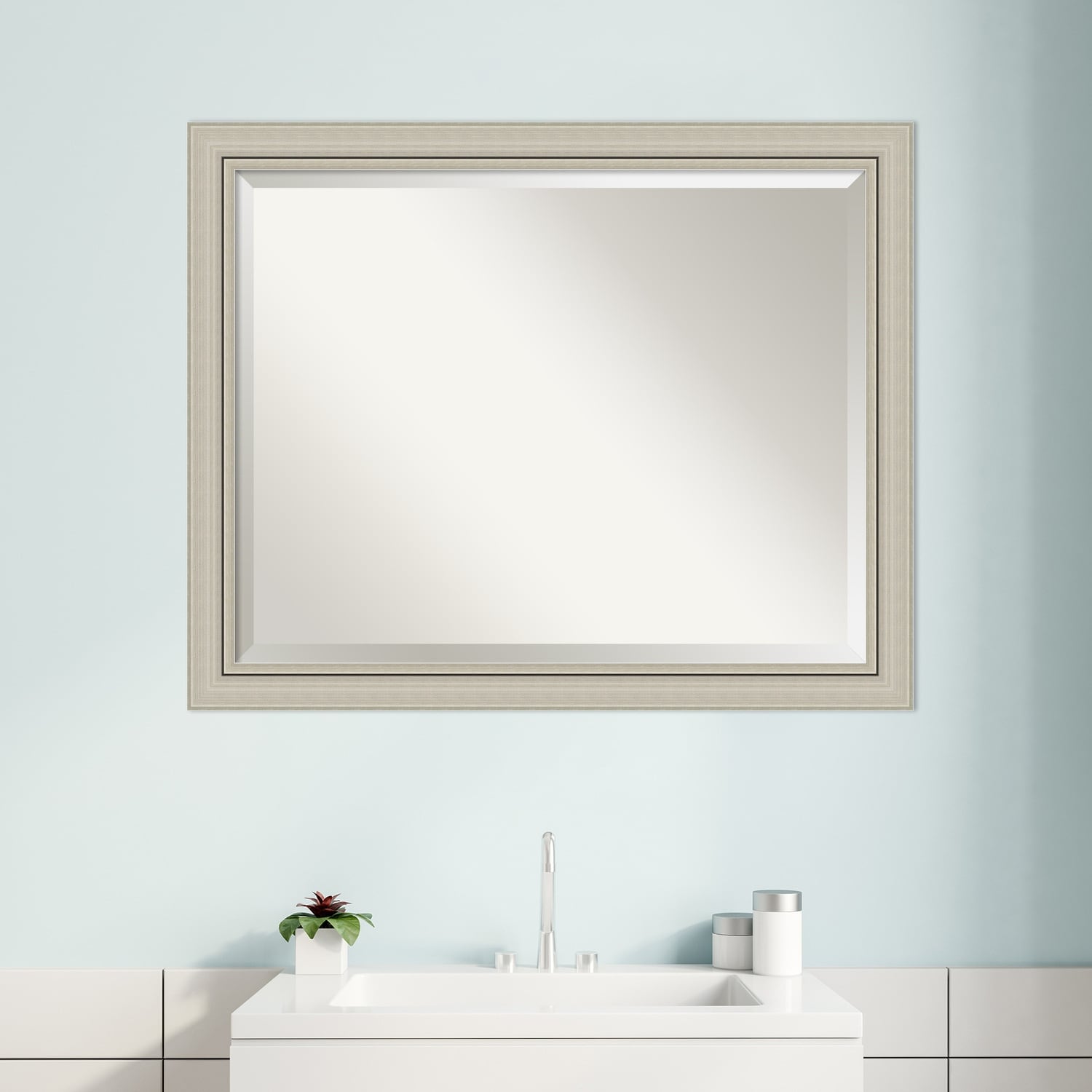 Amanti Art Beveled Wood Bathroom Wall Mirror - Romano Silver Narrow ...
