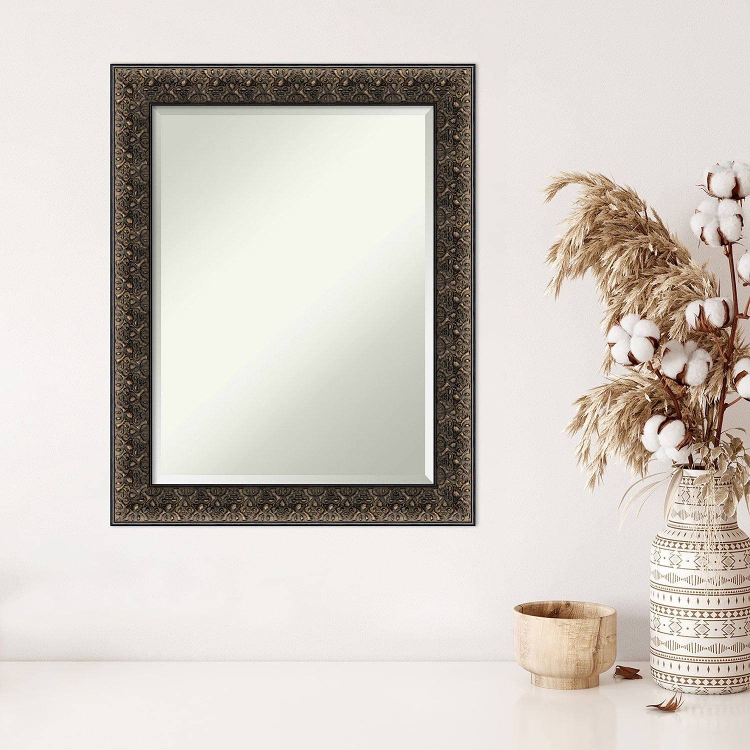 Amanti Art Beveled Wood Wall Mirror - Intaglio Embossed Black Frame ...