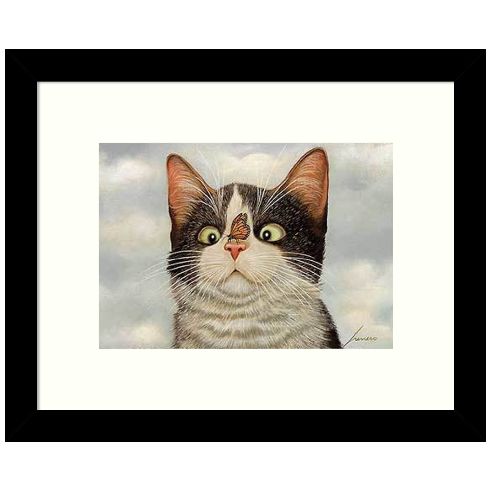 Amanti Art Hugo Hege Cat and Butterfly Wood Framed Wall Art Print ...