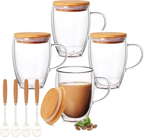 Amar Tool 4 Pack 12Oz Double Walled Glass Coffee Mugs with Bamboo Lid ...