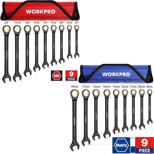 Amar Tool WORKPRO 9PC Anti-Slip Ratcheting Combination Wrench Set SAE/Metric Roll Up Pouch ...