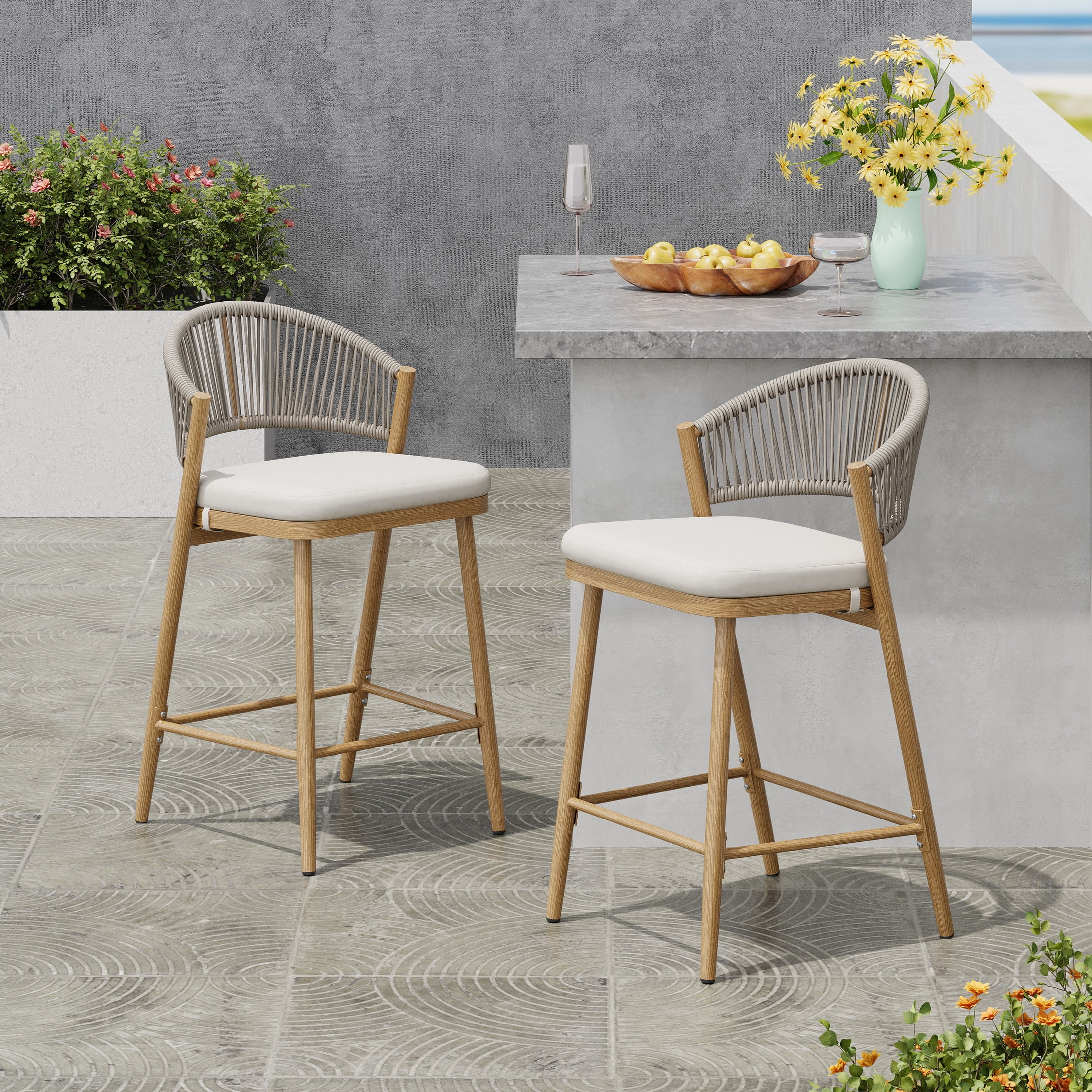 Amara Modern Outdoor Patio 26"H Counter Stools with Wicker Backrest ...