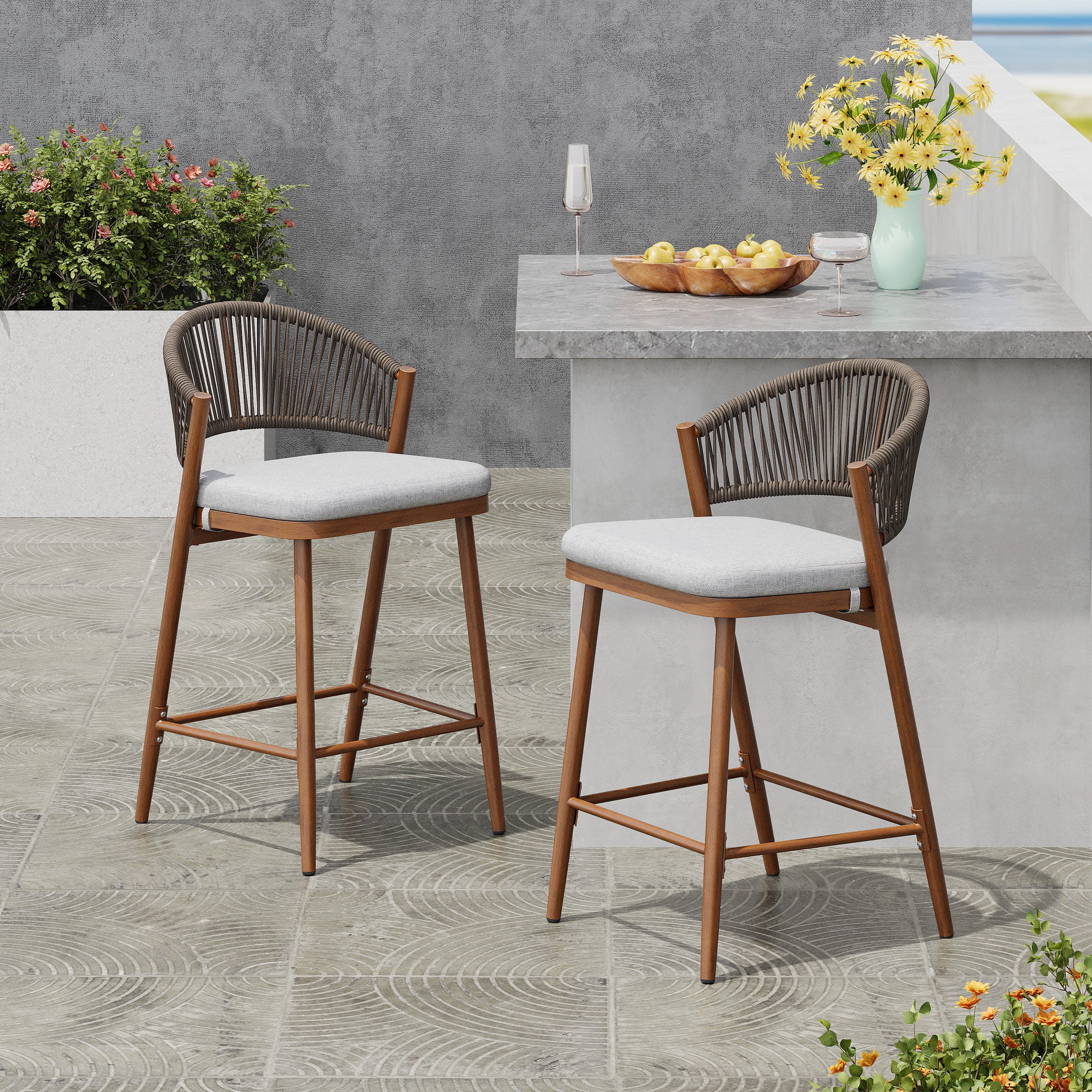 Amara Modern Outdoor Patio 26"H Counter Stools with Wicker Backrest ...