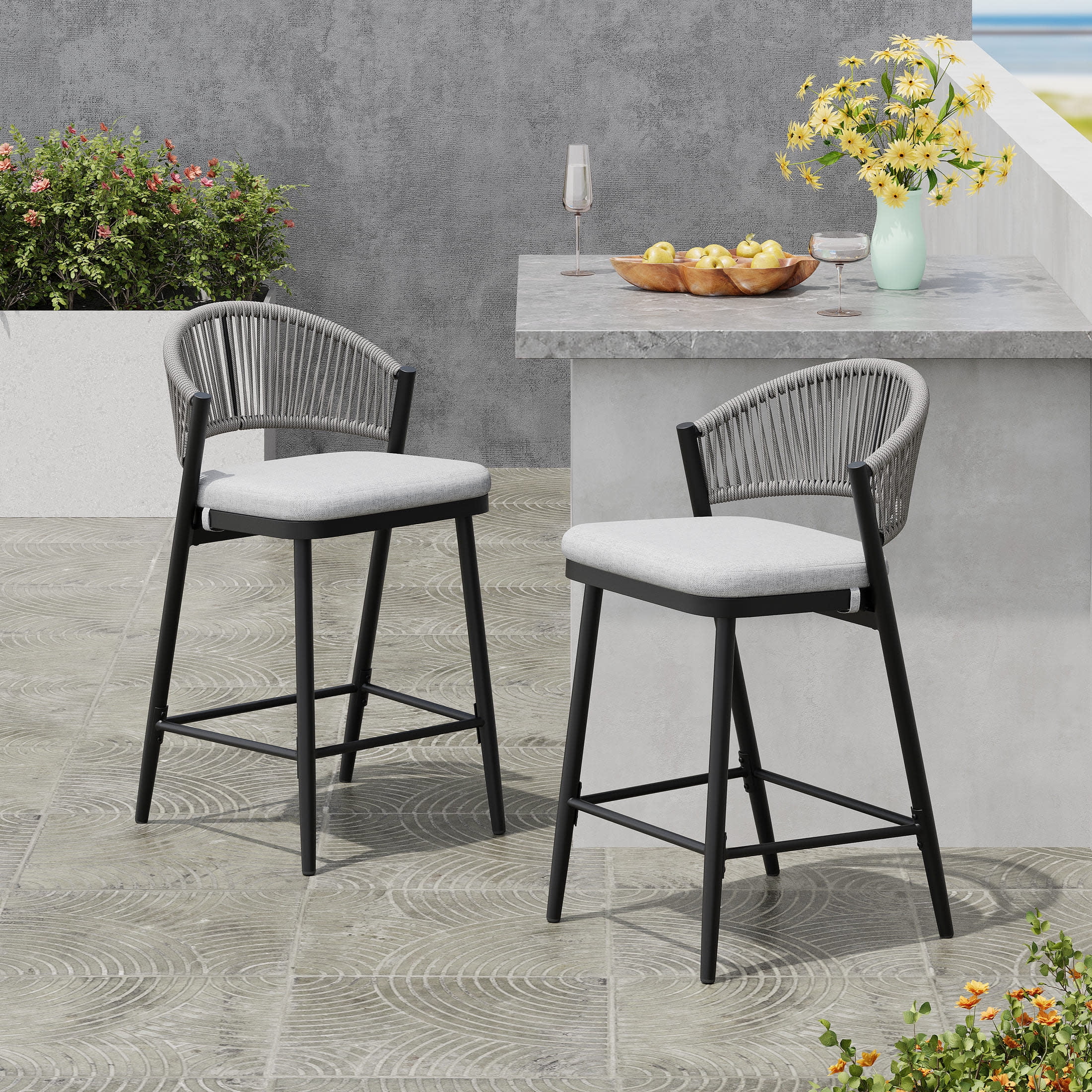 Amara Modern Outdoor Patio 26"H Counter Stools with Wicker Backrest ...
