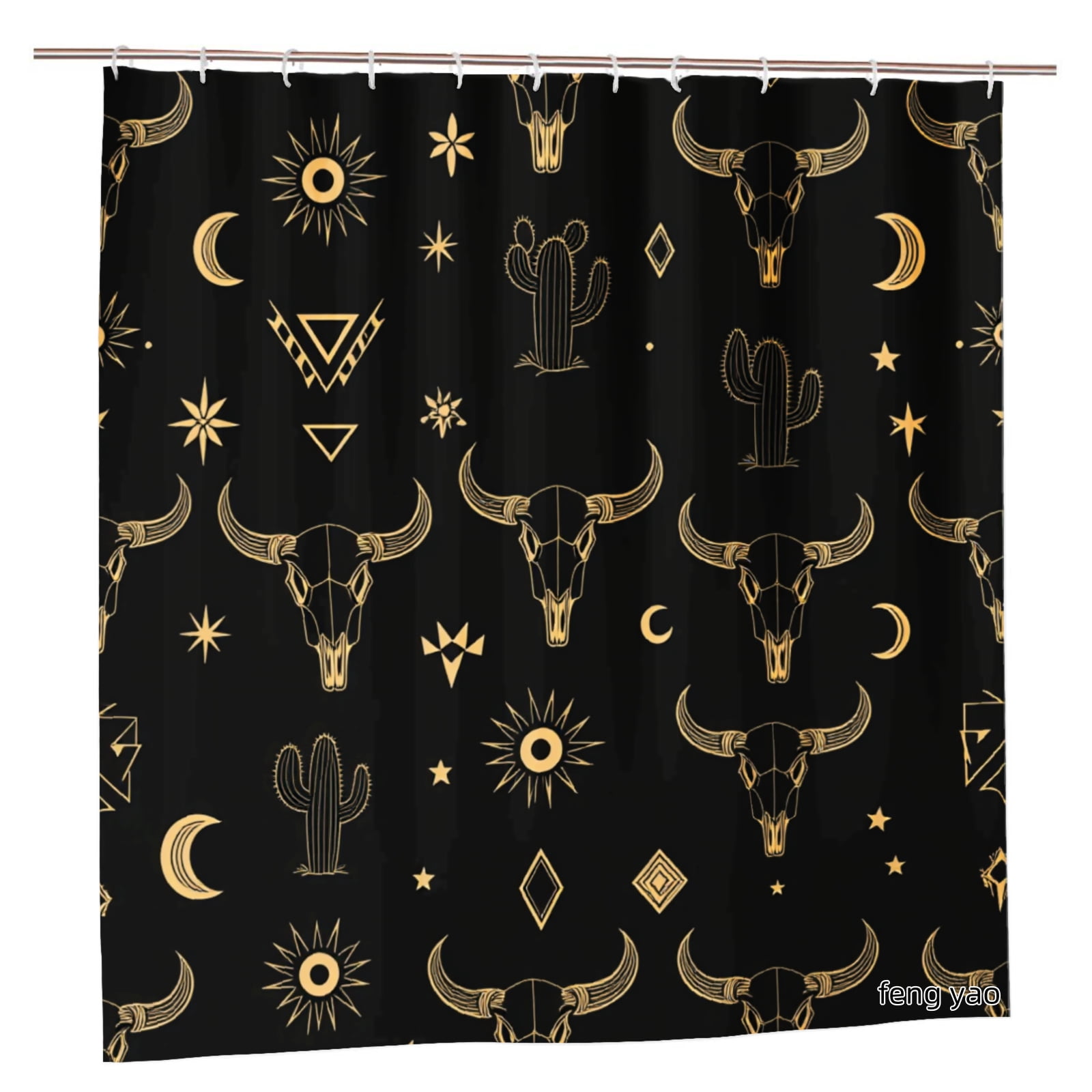 Amarainy Black And Gold Bull Skull Cactus Moon Stars Geometric Pattern ...