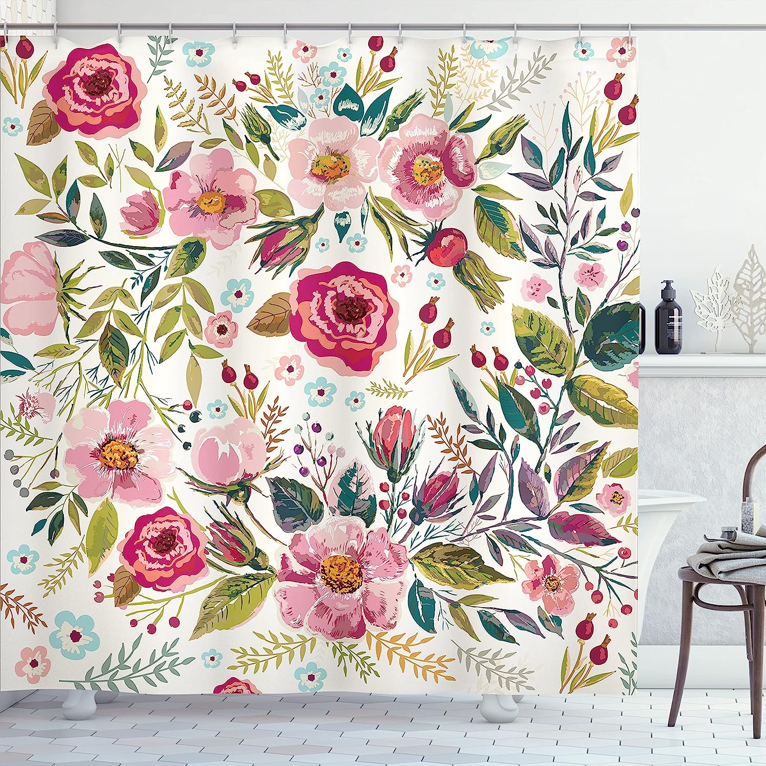 Amarainy Floral Shower Curtain, Shabby Form Flowers Roses Petals Dots ...