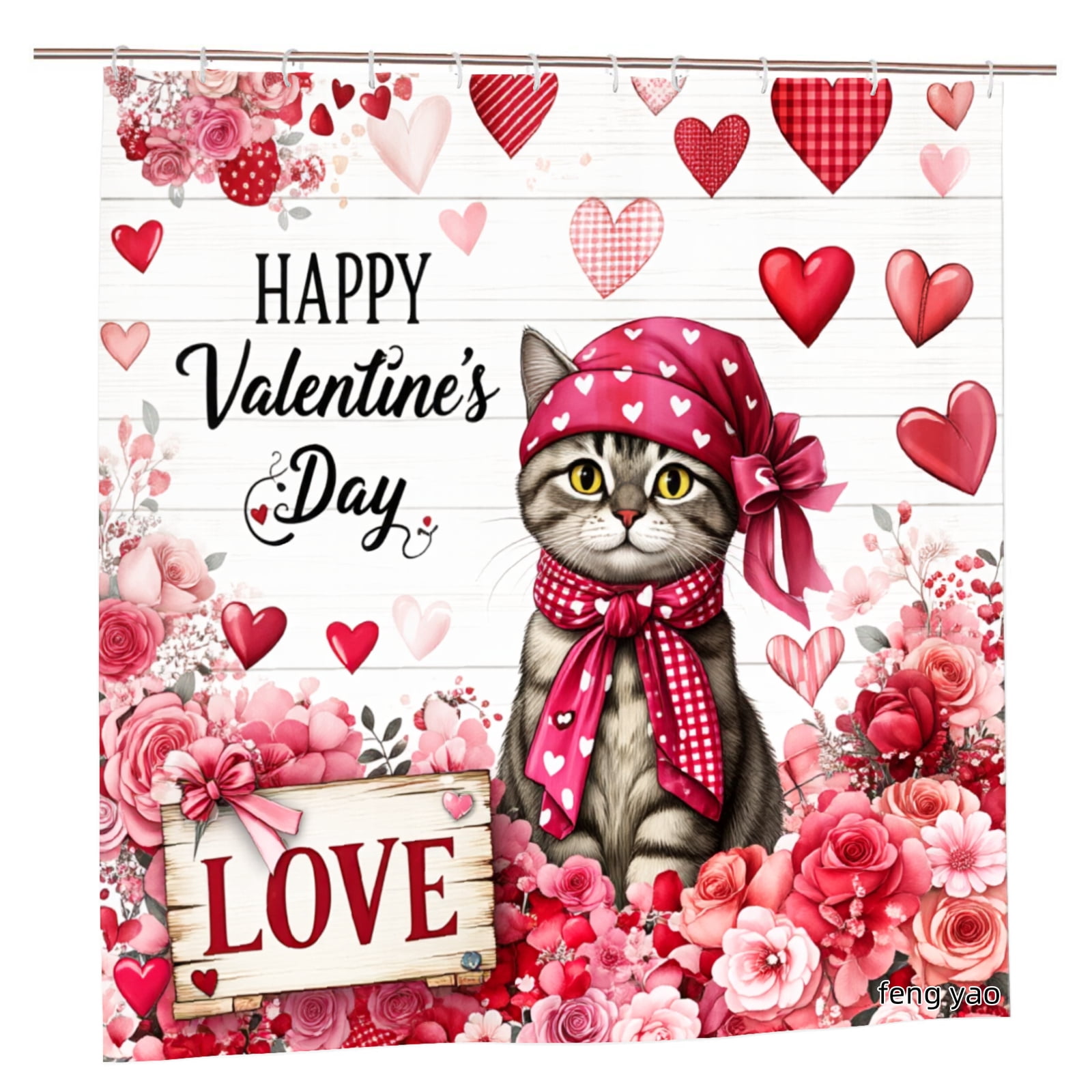 Amarainy Happy Valentines Day Cat With Hearts And Roses Polyester ...