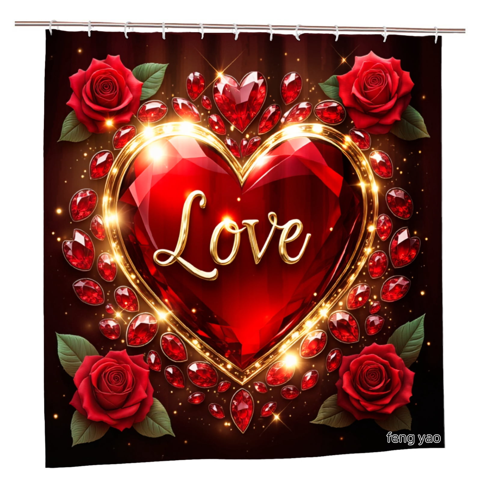 Amarainy Love Heart Red Roses And Gems Polyester Shower Curtain For ...
