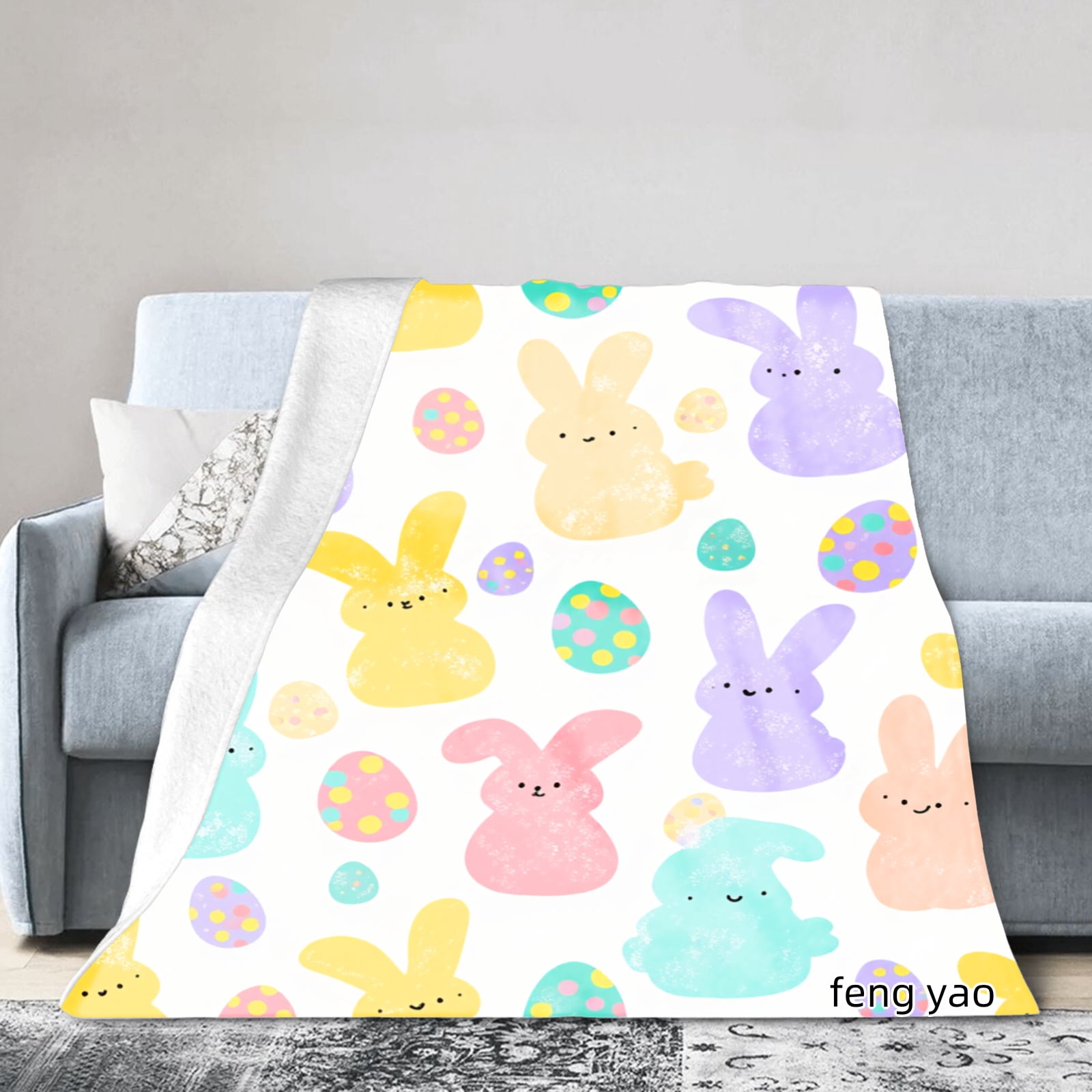 Amarainy Pastel Bunny And Egg Pattern Fleece Throw Blanket For Winter ...